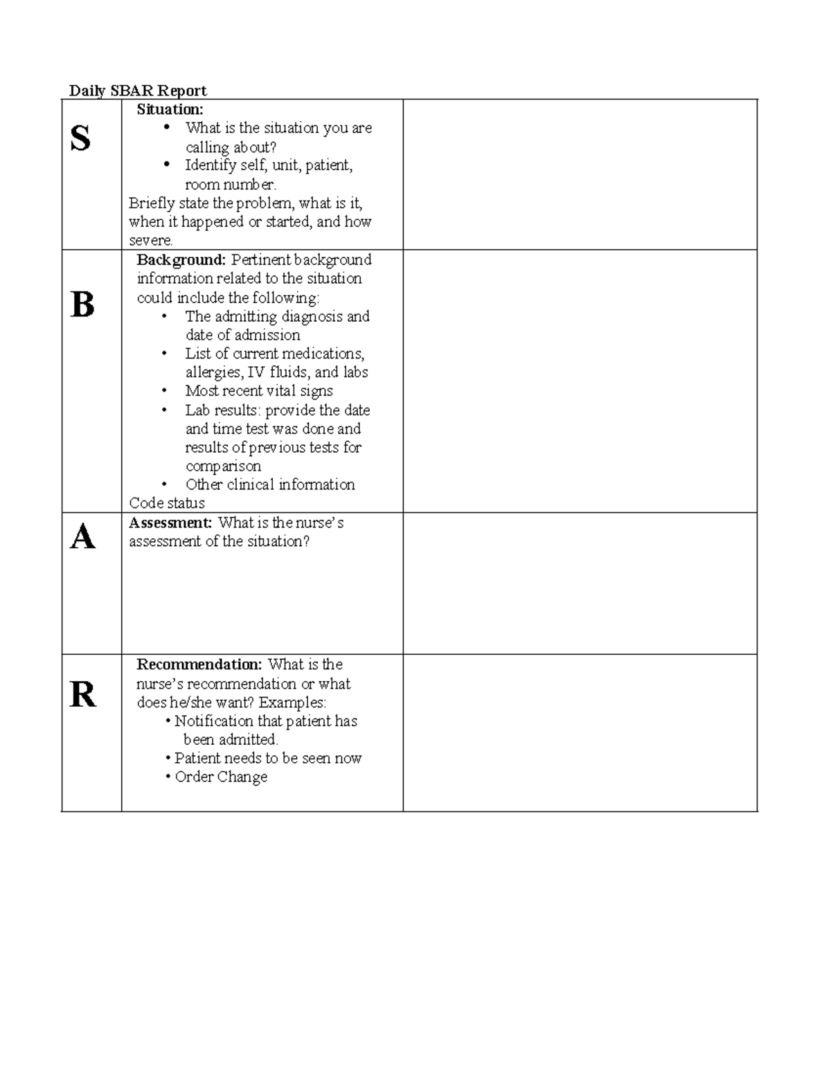 NSG 240- Daily SBAR Report - Daily SBAR Report S Situation: • What is ...