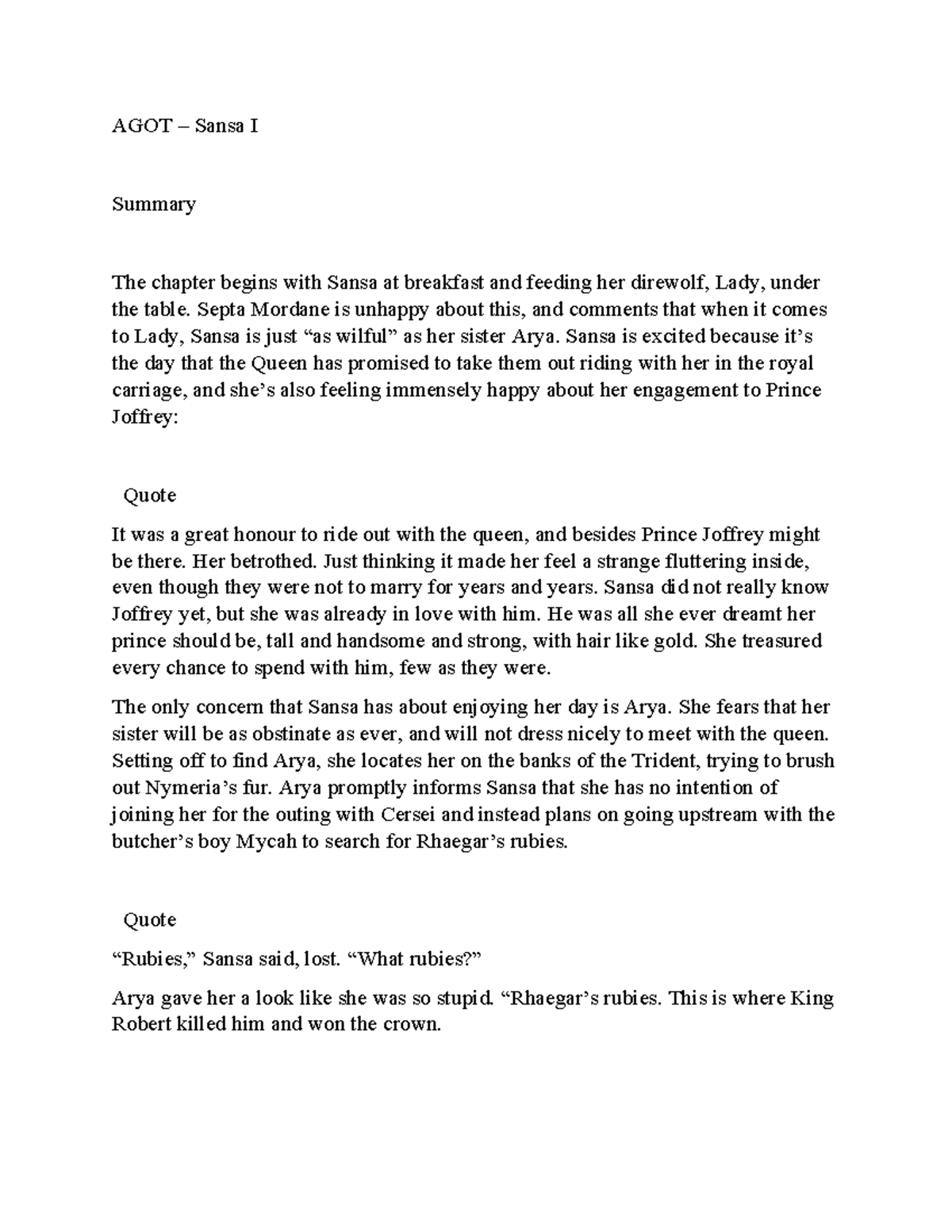 AGOT - d12 - AGOT – Sansa I Summary The chapter begins with Sansa at breakfast and feeding her ...