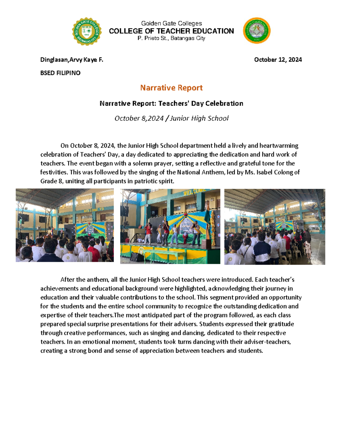 Narrative Report teacher day 123 - Golden Gate Colleges COLLEGE OF ...