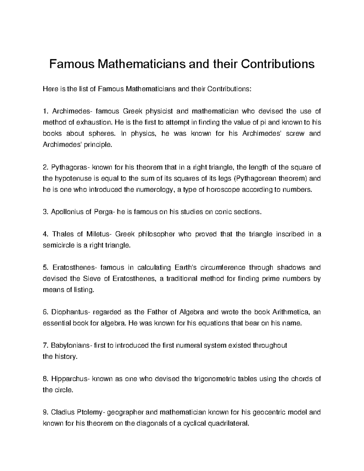 Famous Mathematicians and their Contributions - He is the first to ...
