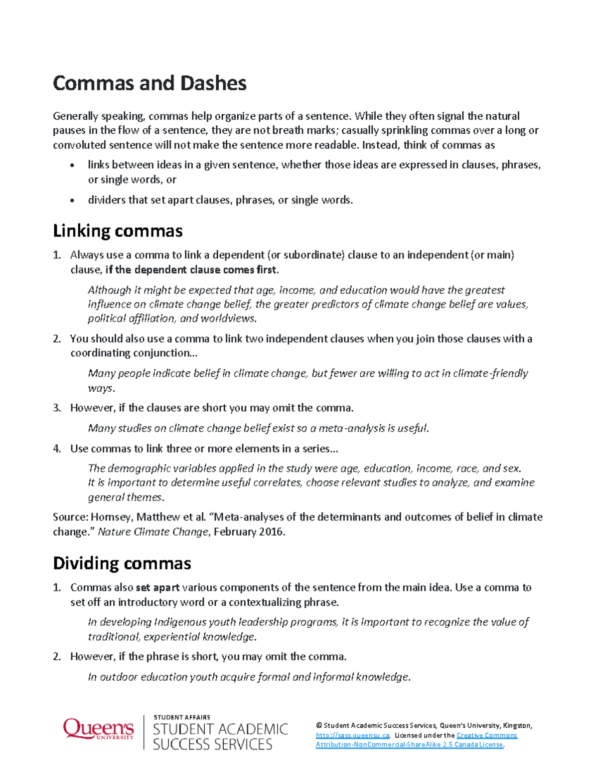 Commas and Dashes - Handout aid for assignments - © Student Academic ...