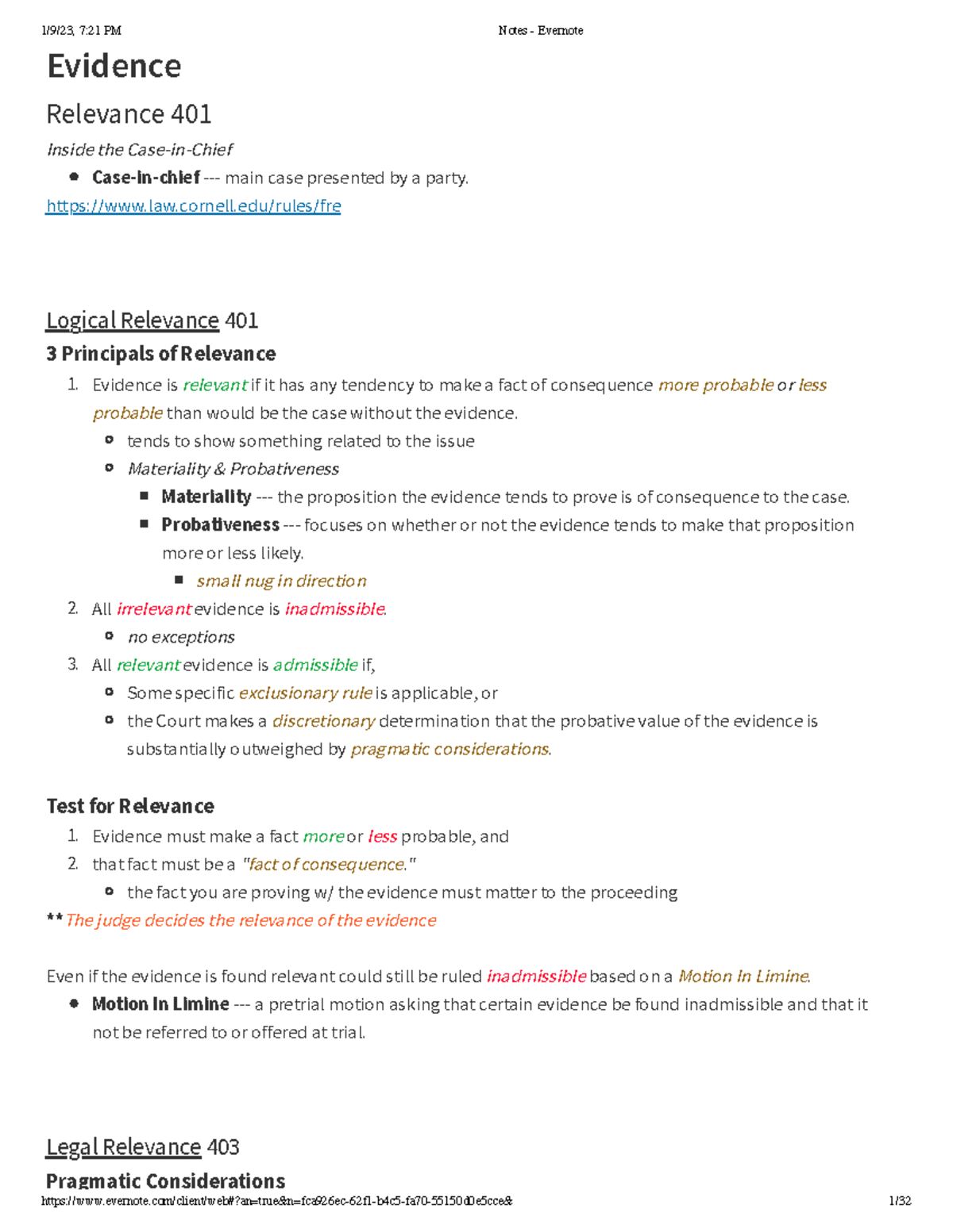 Evidence - Fall 2022 - In class notes - Evidence Relevance 401 Inside ...
