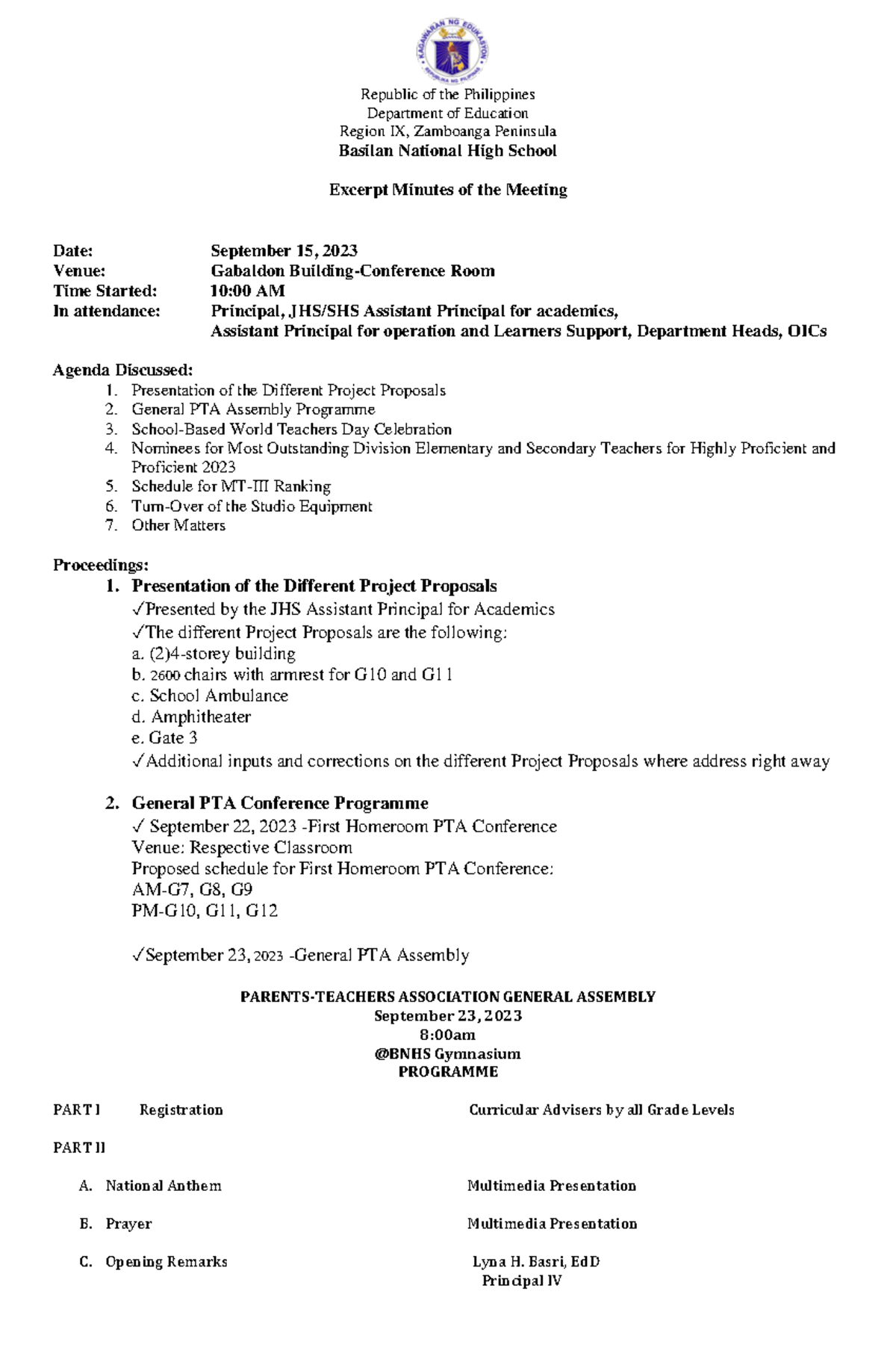 Minutes OF THE Meeting 09 15 2023 - Republic of the Philippines ...