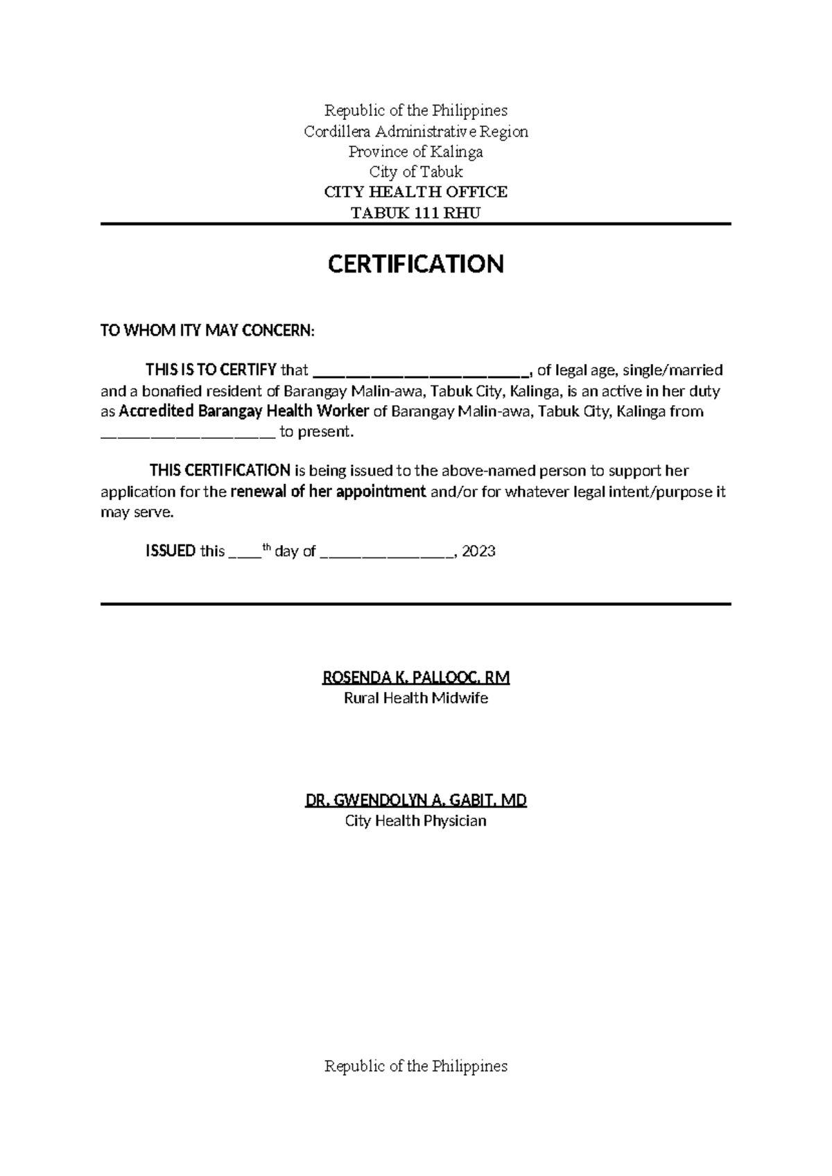 BHW N BNS Certification - Republic of the Philippines Cordillera ...