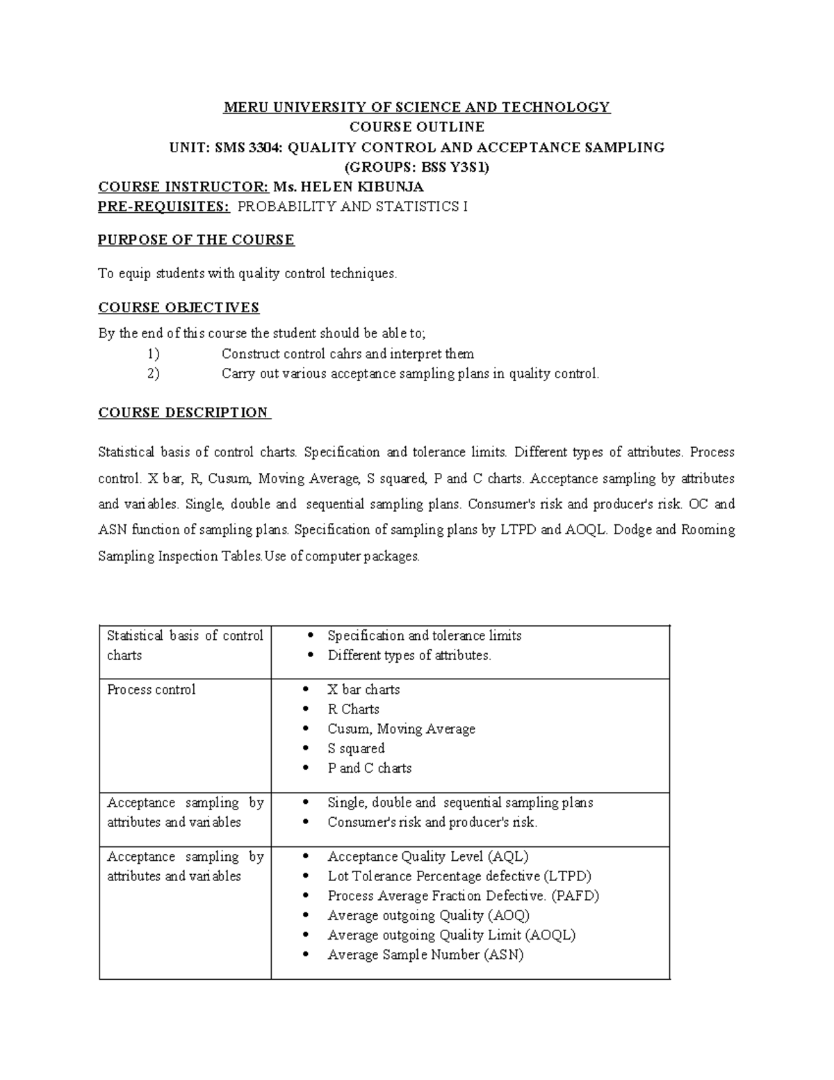 SMS 3304 Course Outline - MERU UNIVERSITY OF SCIENCE AND TECHNOLOGY COURSE OUTLINE UNIT: SMS ...