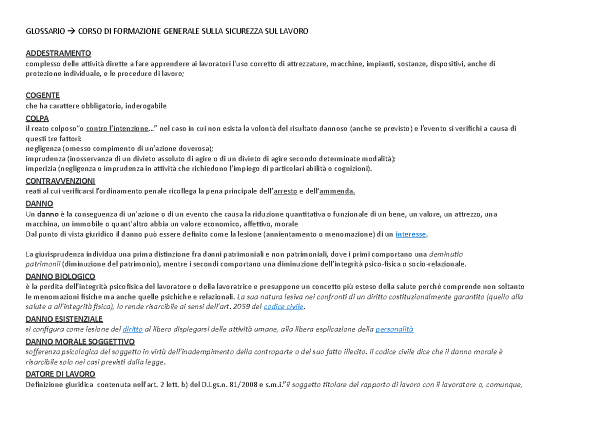 Corso di formazione generale sulla sicurezza sul lavoro - GLOSSARIO CORSO DI FORMAZIONE GENERALE ...