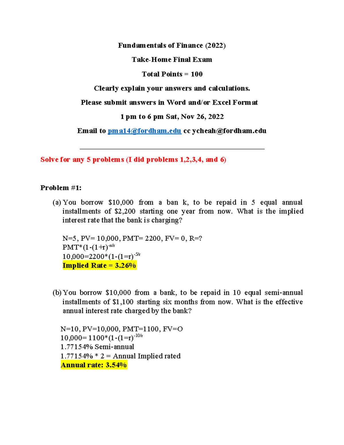 Final Exam - hw for class - Fundamentals of Finance (2022) Take-Home ...
