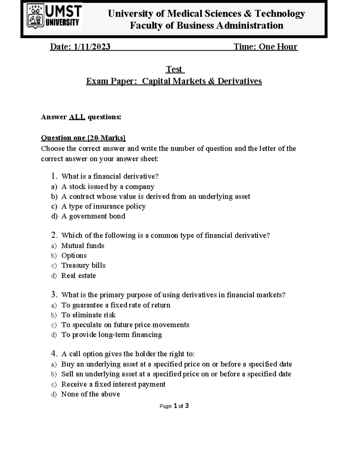 TEST - Date: 1/11/2023 Time: One Hour Test Exam Paper: Capital Markets ...