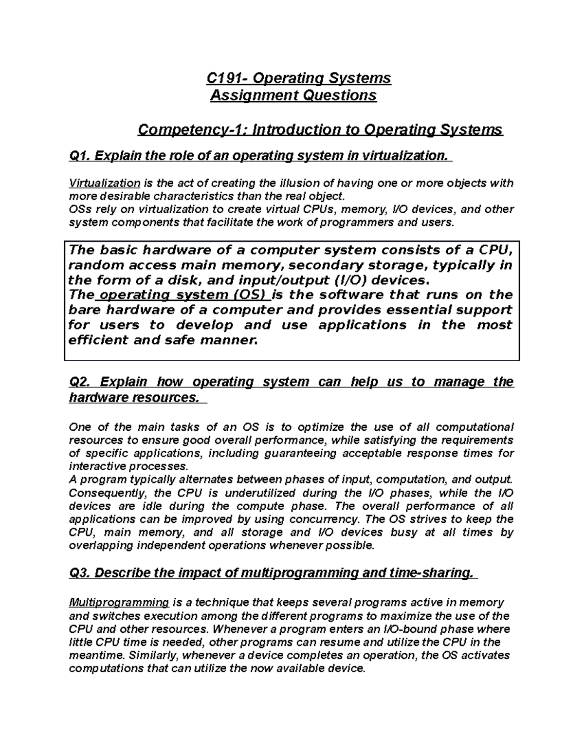 C191 Competency 1 Introduction - C191- Operating Systems Assignment Questions Competency-1 ...