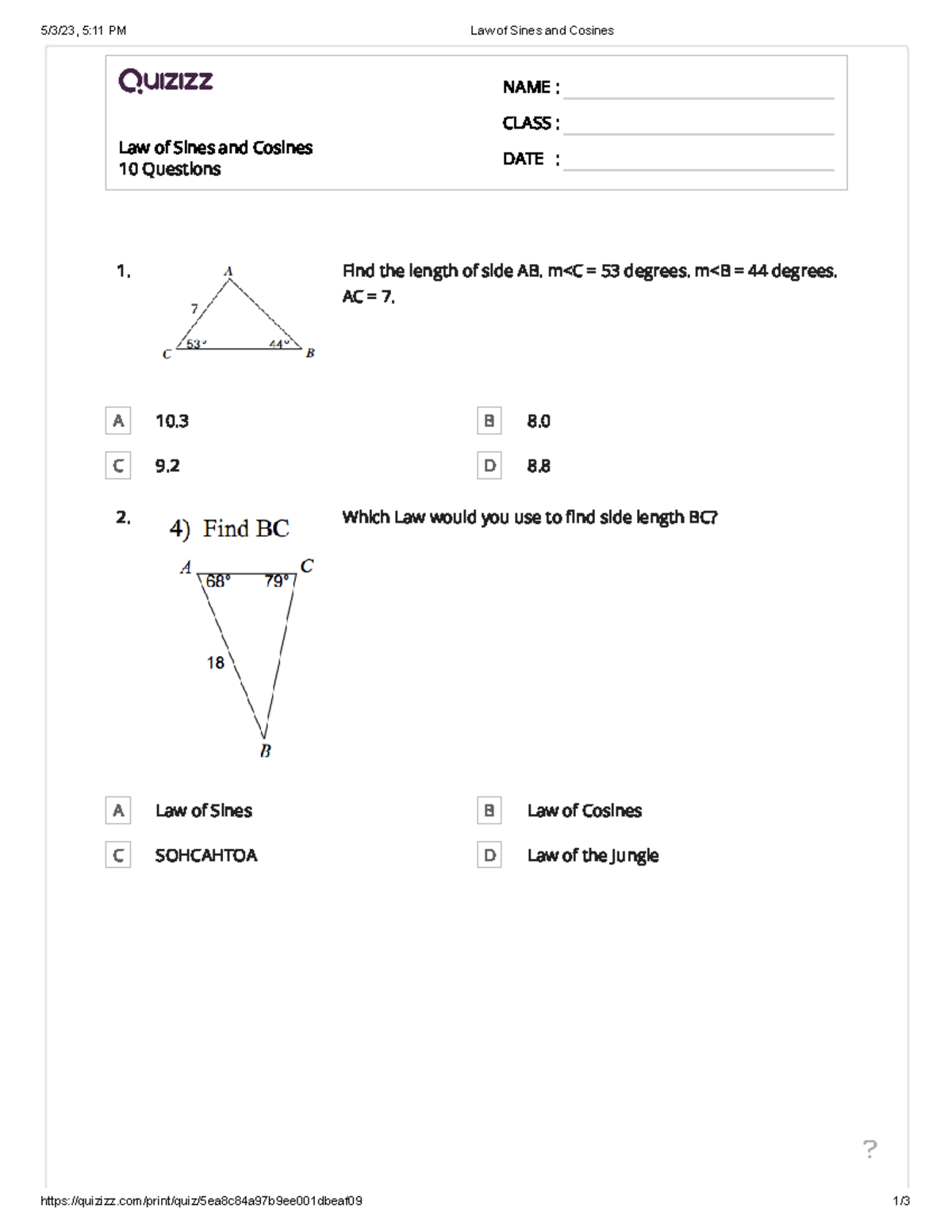 Law of Sines and Cosines - 5/3/23, 5:11 PM Law of Sines and Cosines ...