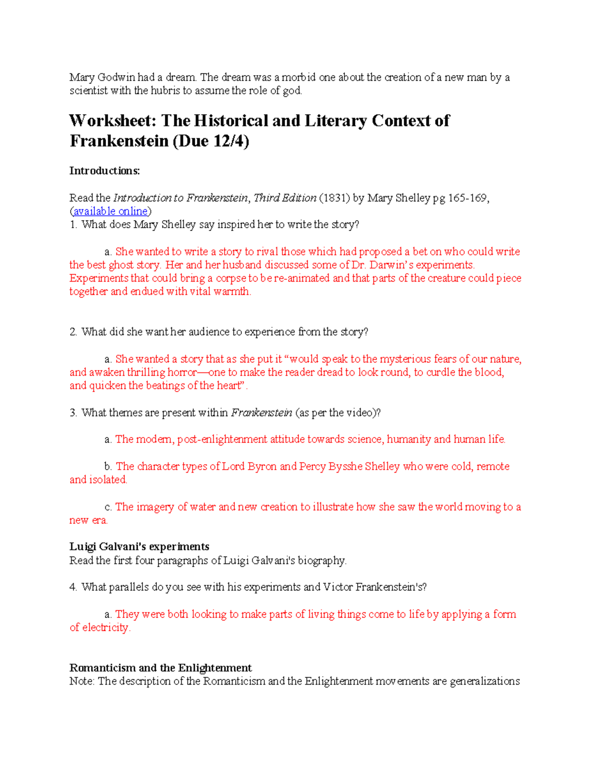 ENG211 Worksheet- The Historical and Literary Context of Frankenstein ...