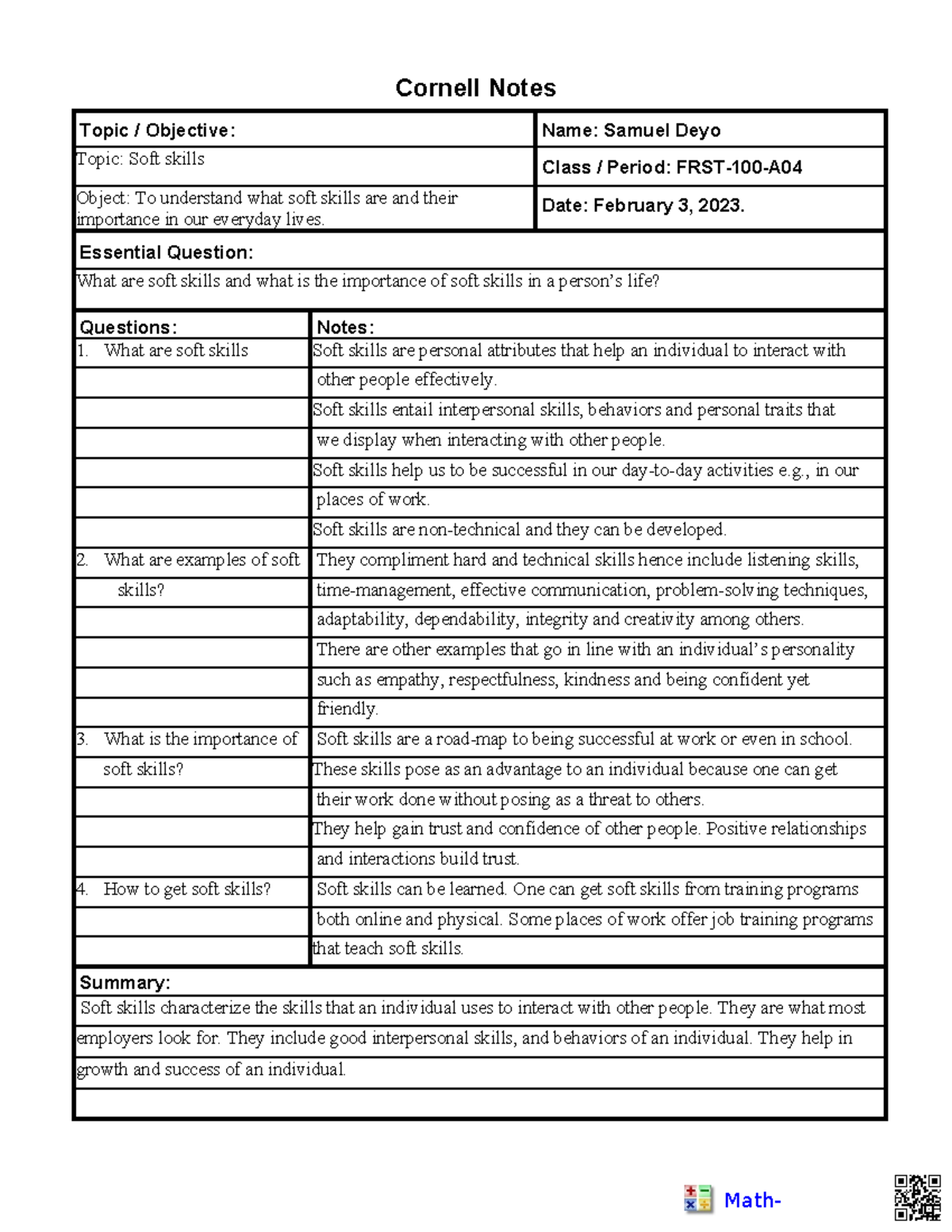 Samuel Deyo Cornel Notes - Cornell Notes Math- Aids Topic / Objective ...