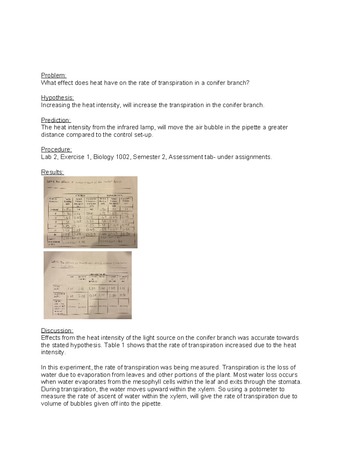 Bio 1002 lab write up 1 - Vfgcfycyyc - Problem: What effect does heat ...