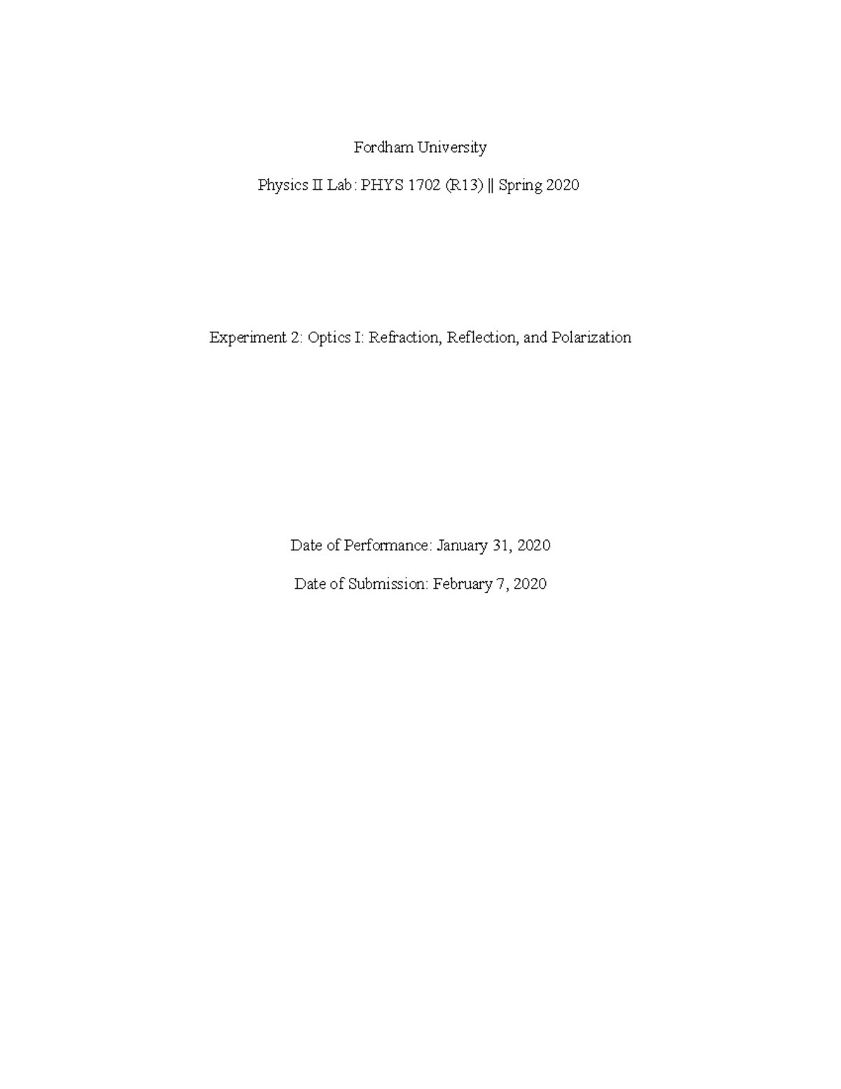 Physics lab sem 2 lab 2 - Lab report - Fordham University Physics II ...