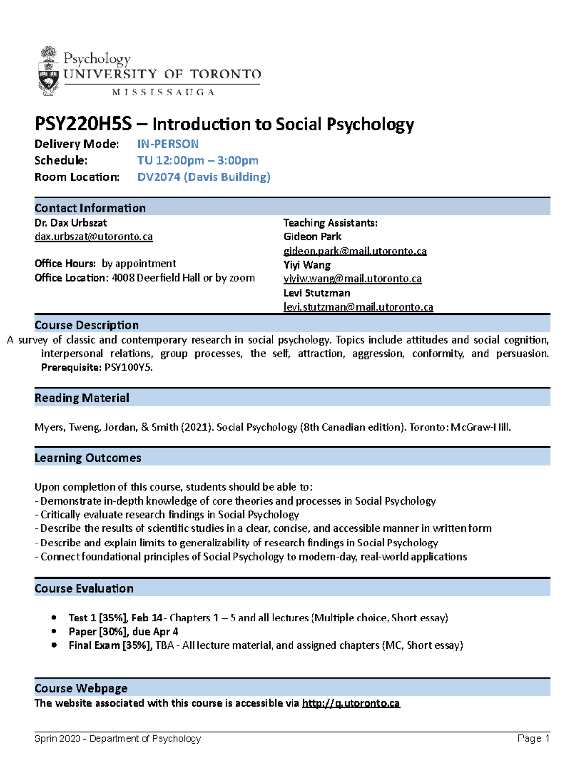 PSY220-syllabus - PSY220H5S – Introduction to Social Psychology Delivery Mode: IN-PERSON ...