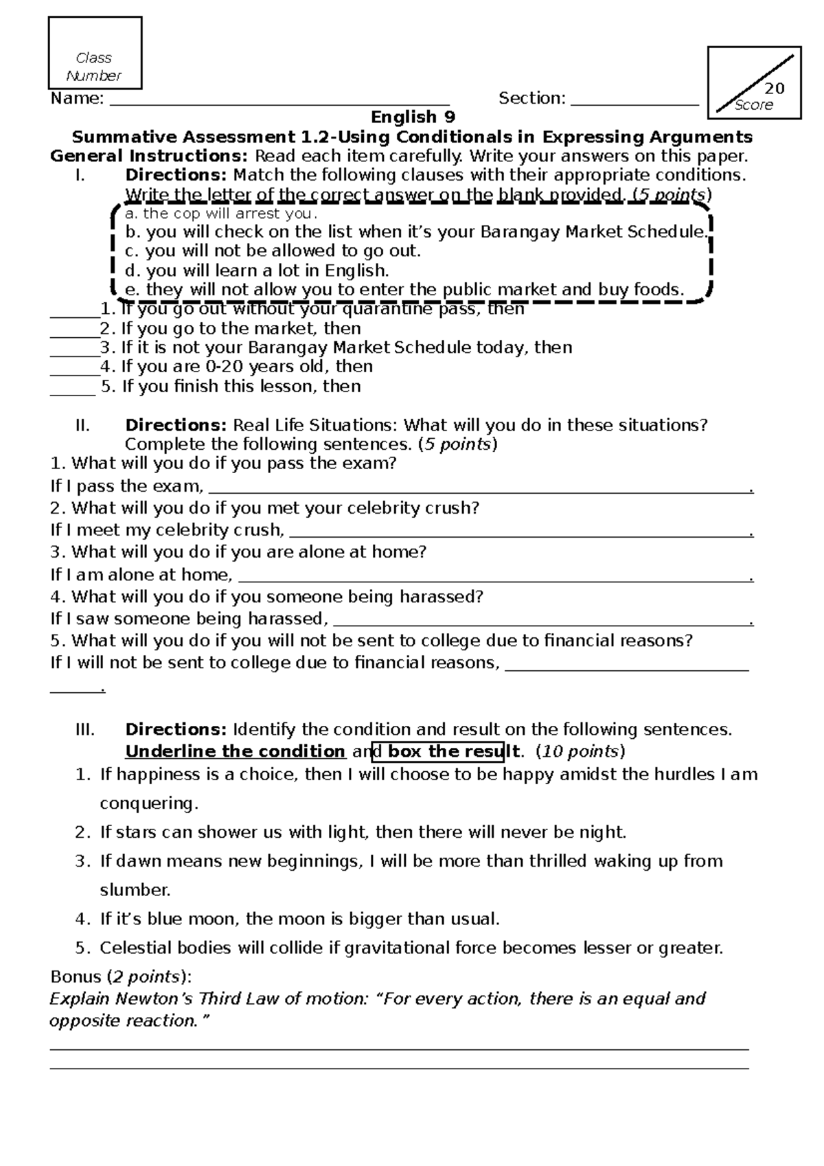 English LAS 1 - Summative Assessment - Name: Section: English 9 ...
