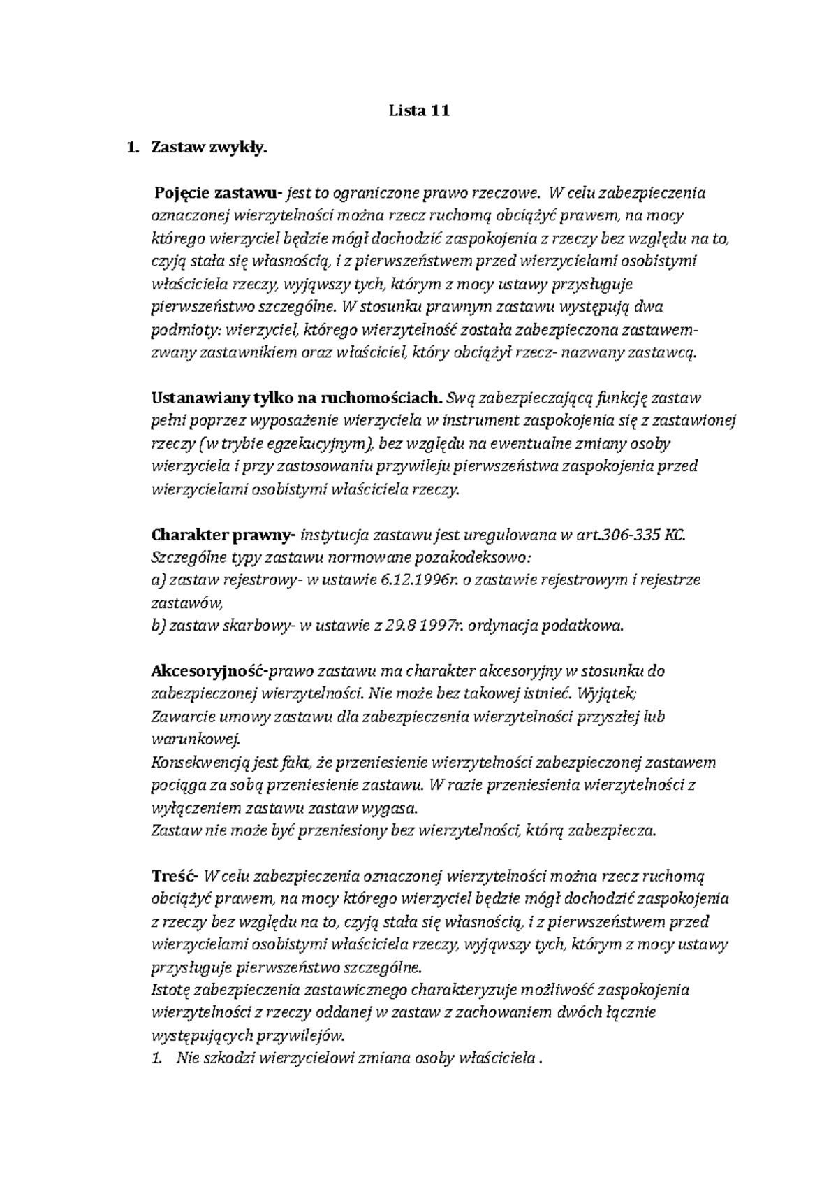 Lista-11 - notatki z ćwiczeń - Lista 11 Zastaw zwykły. Pojęcie zastawu- jest to ograniczone ...