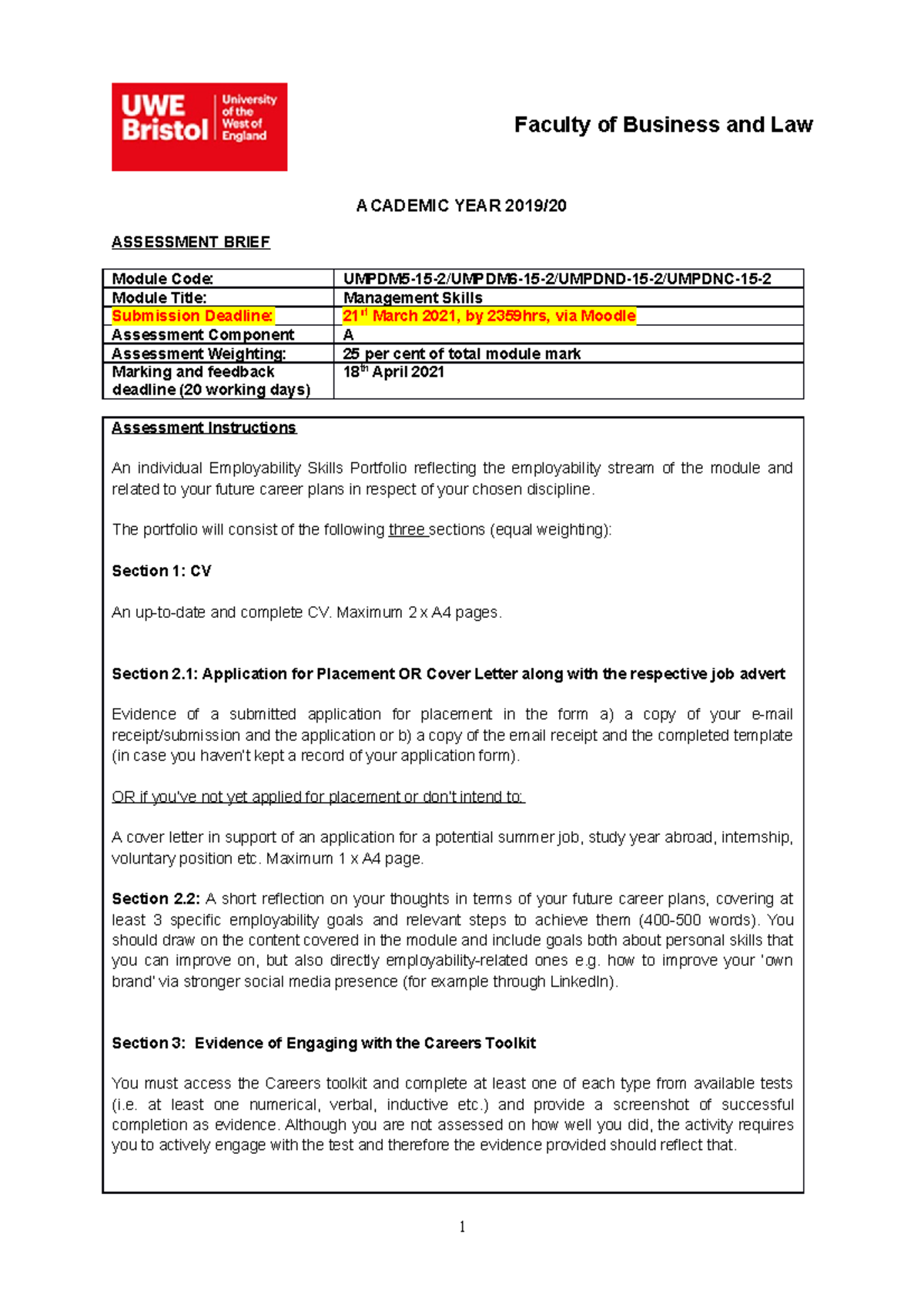 Assignment brief Component A 2020-21 - Faculty of Business and Law ...