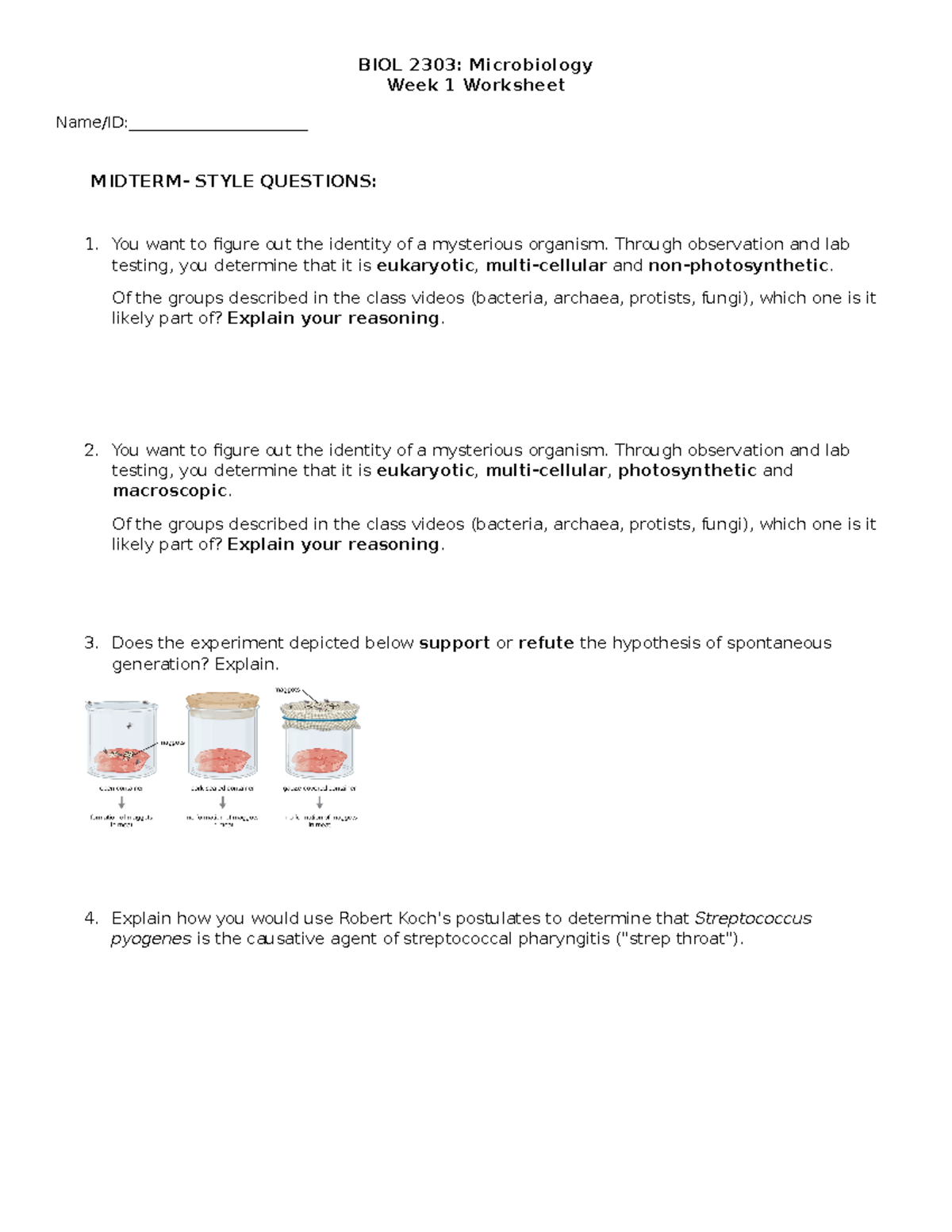 Week 1 worksheet midterm style questions - BIOL 2303: Microbiology Week 1 Worksheet - Studocu