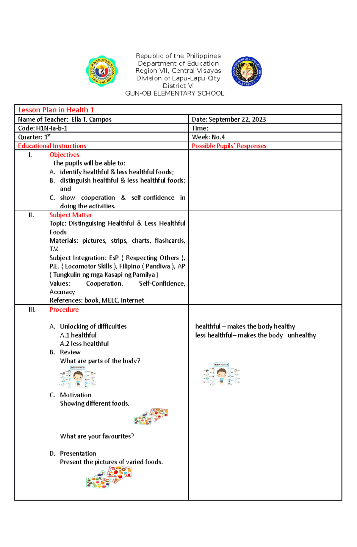 LP- Health-Q1W4 - Lesson Plan in Health - Republic of the Philippines ...