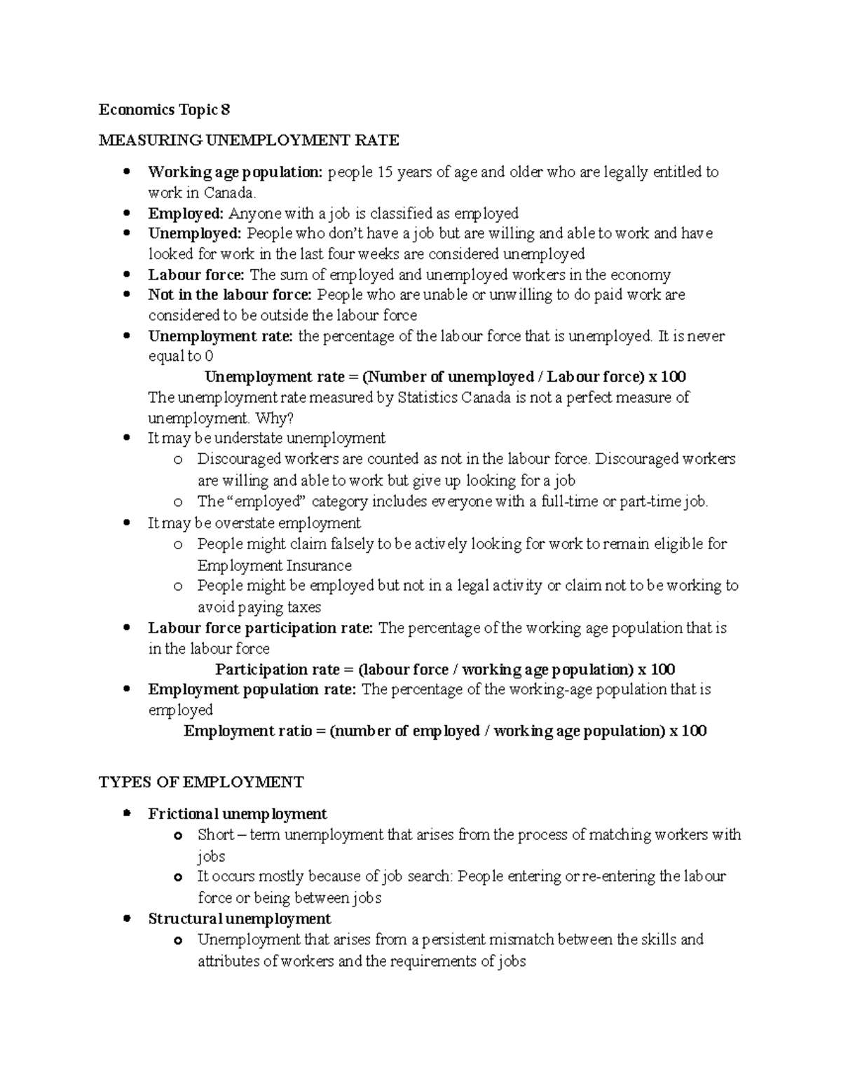 Econ Topic 8 - econ - Economics Topic 8 MEASURING UNEMPLOYMENT RATE Working age population ...
