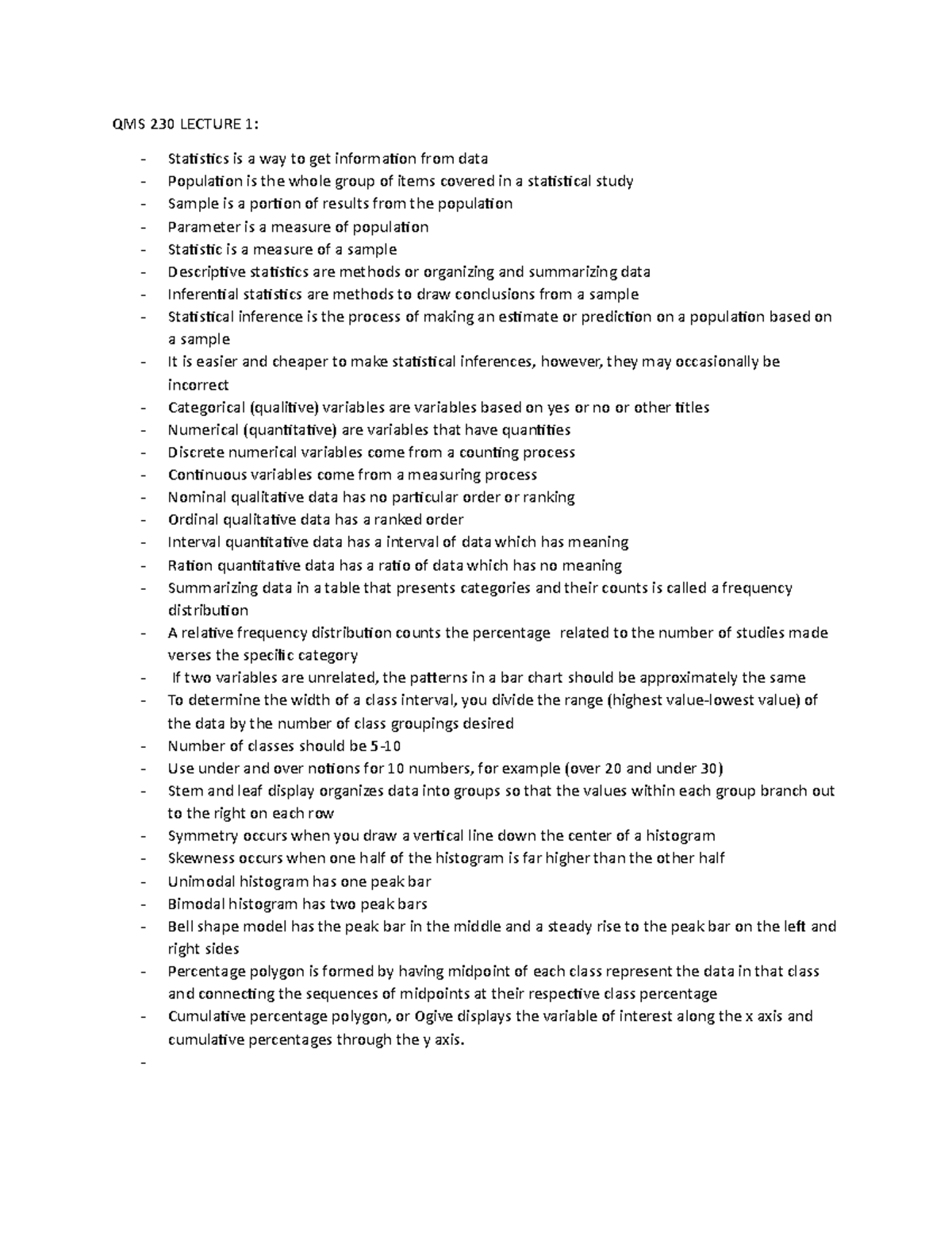 QMS 230 Lecture 1 - QMS 230 LECTURE 1: Statistics is a way to get information from data ...