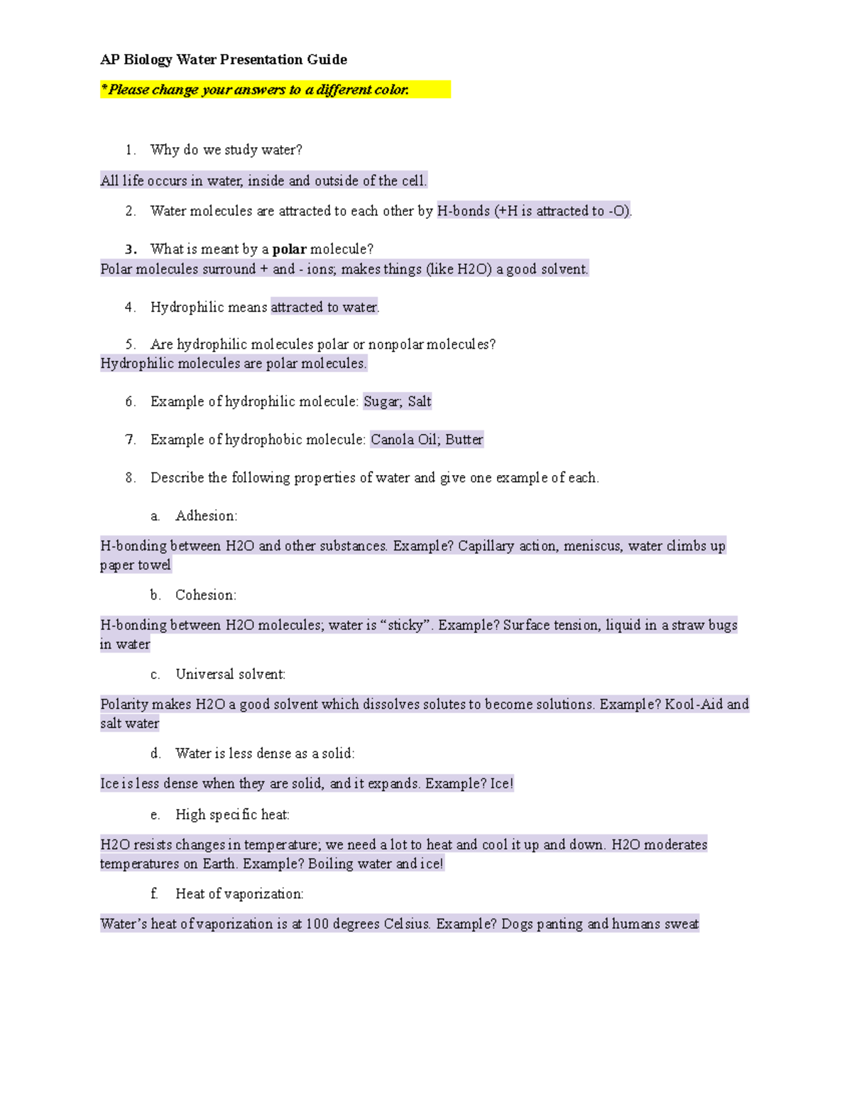 Chu Water Notes Guide AP Biology - AP Biology Water Presentation Guide ...