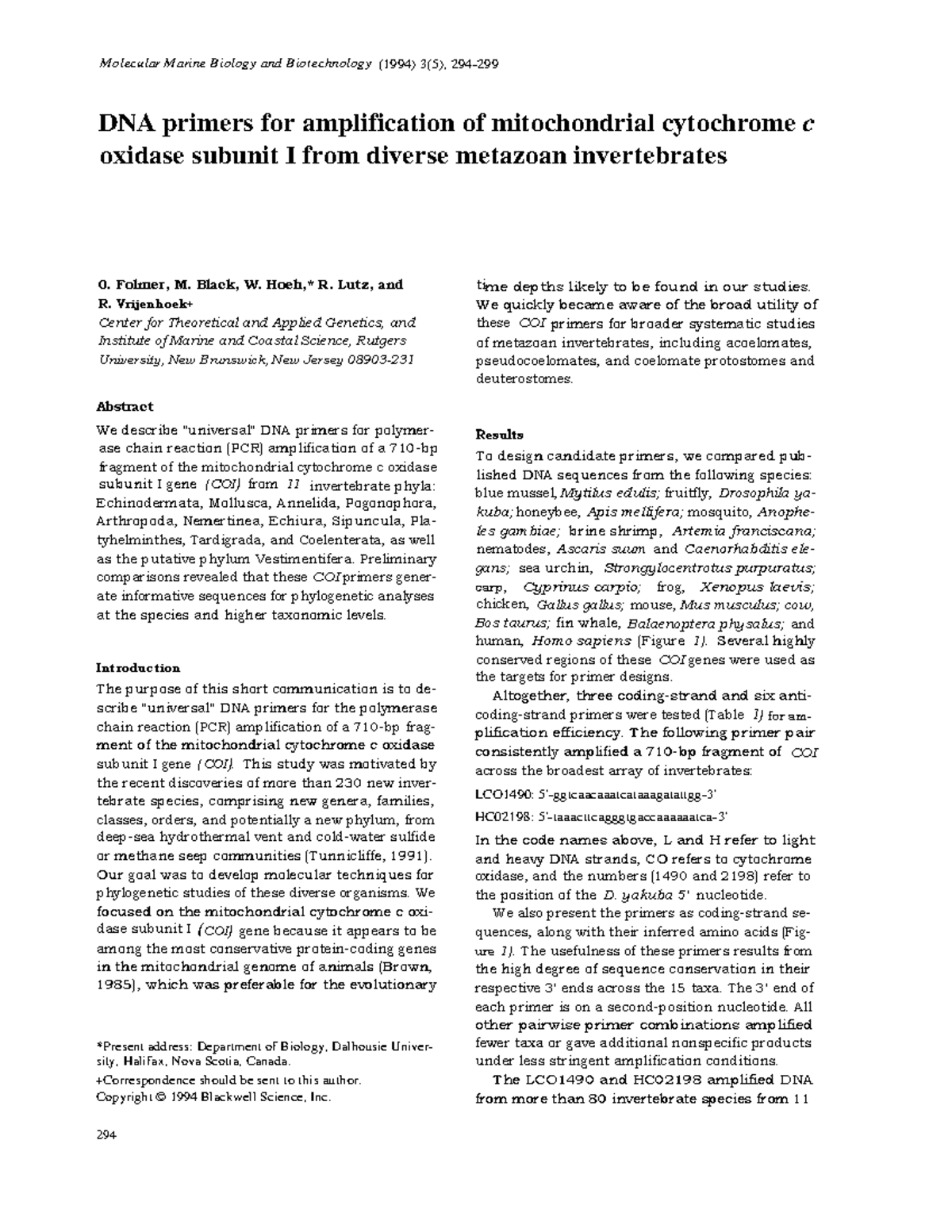 Folmer 94MMBB - polopolol - Molecular Marine Biology and Biotechnology ...