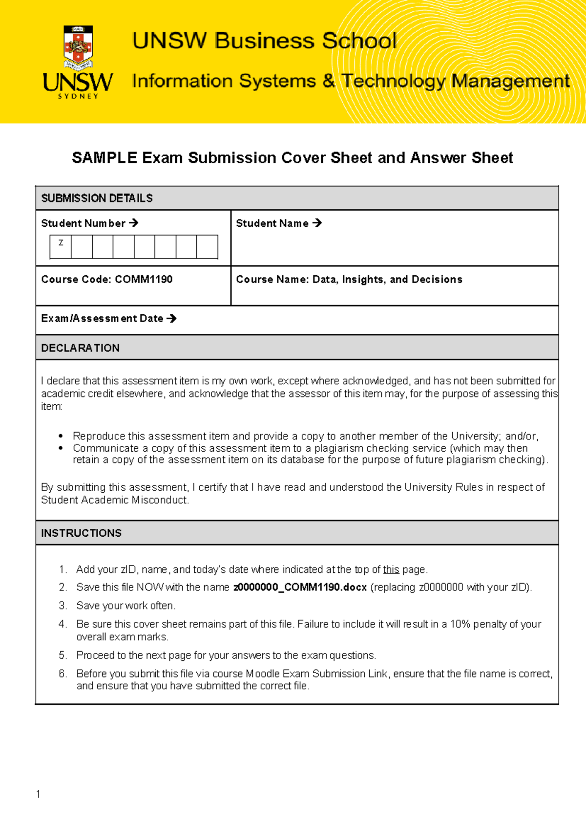 COMM1190 T2 2024 Practice Answer Sheet - SAMPLE Exam Submission Cover ...