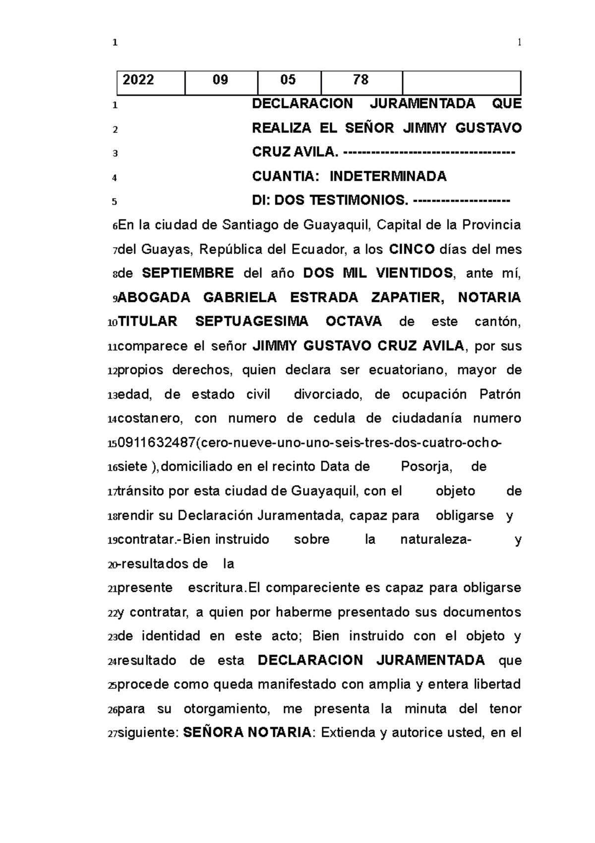 Declaracion Juramentada Señor CRUZ Avila Jimmy Gustavo - 2022 09 05 78 ...