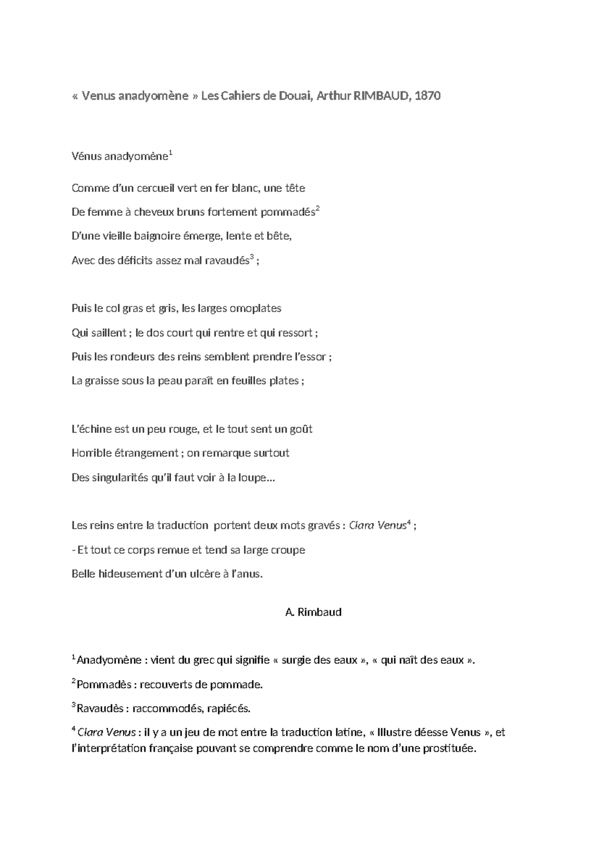 8 Rimbaud La Venus Anadyomène T2 « Venus Anadyomène Les Cahiers De
