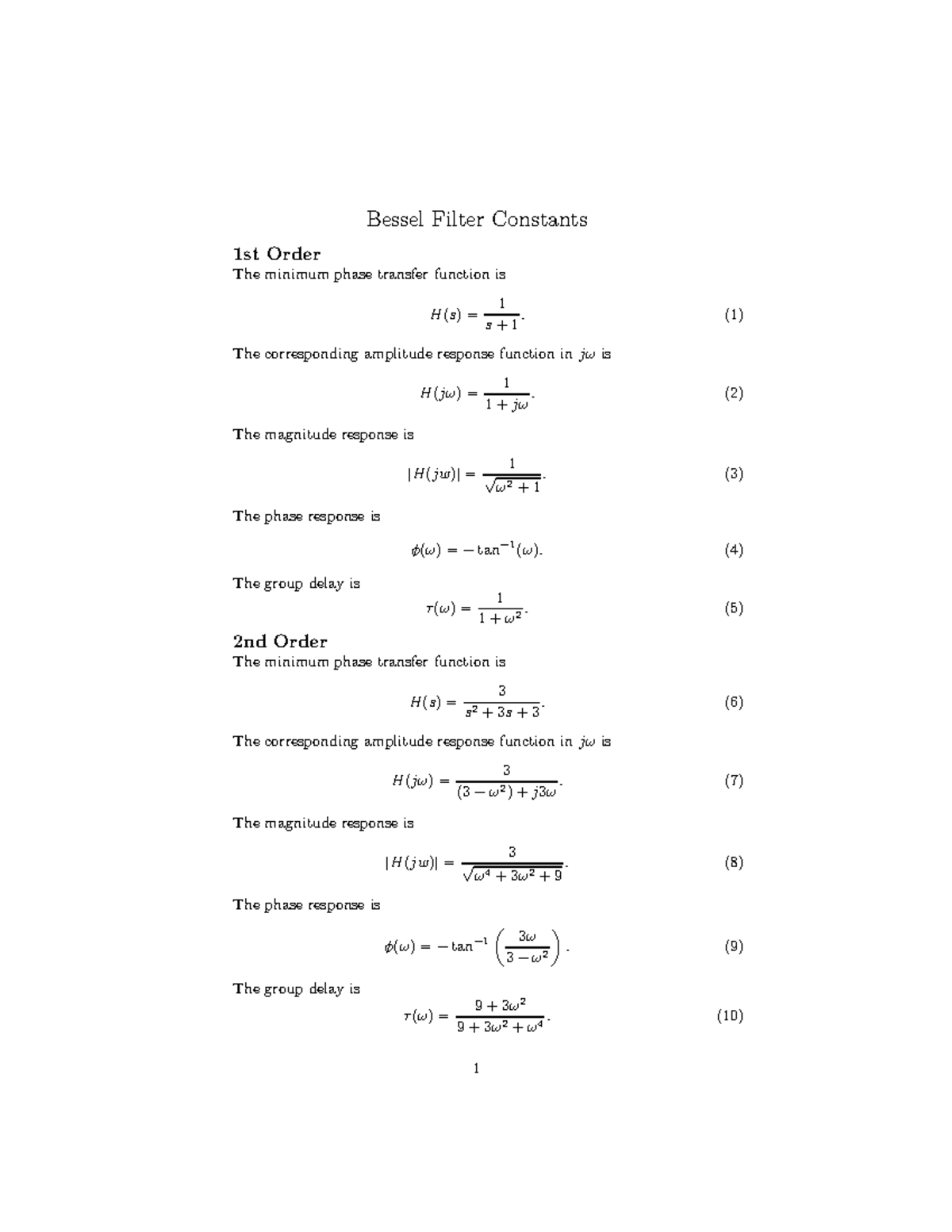 Bsf - Lecture notes 10 - Bessel Filter Constants 1st OrderThe minimum ...