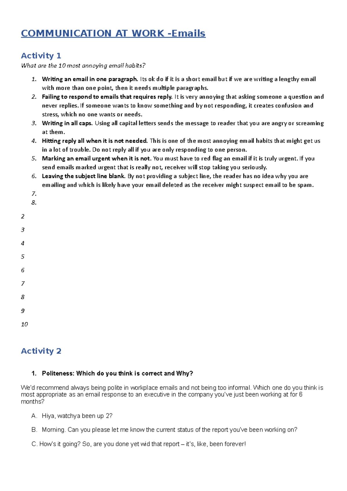 Email Communication AT WORK wed class activities docx - COMMUNICATION ...