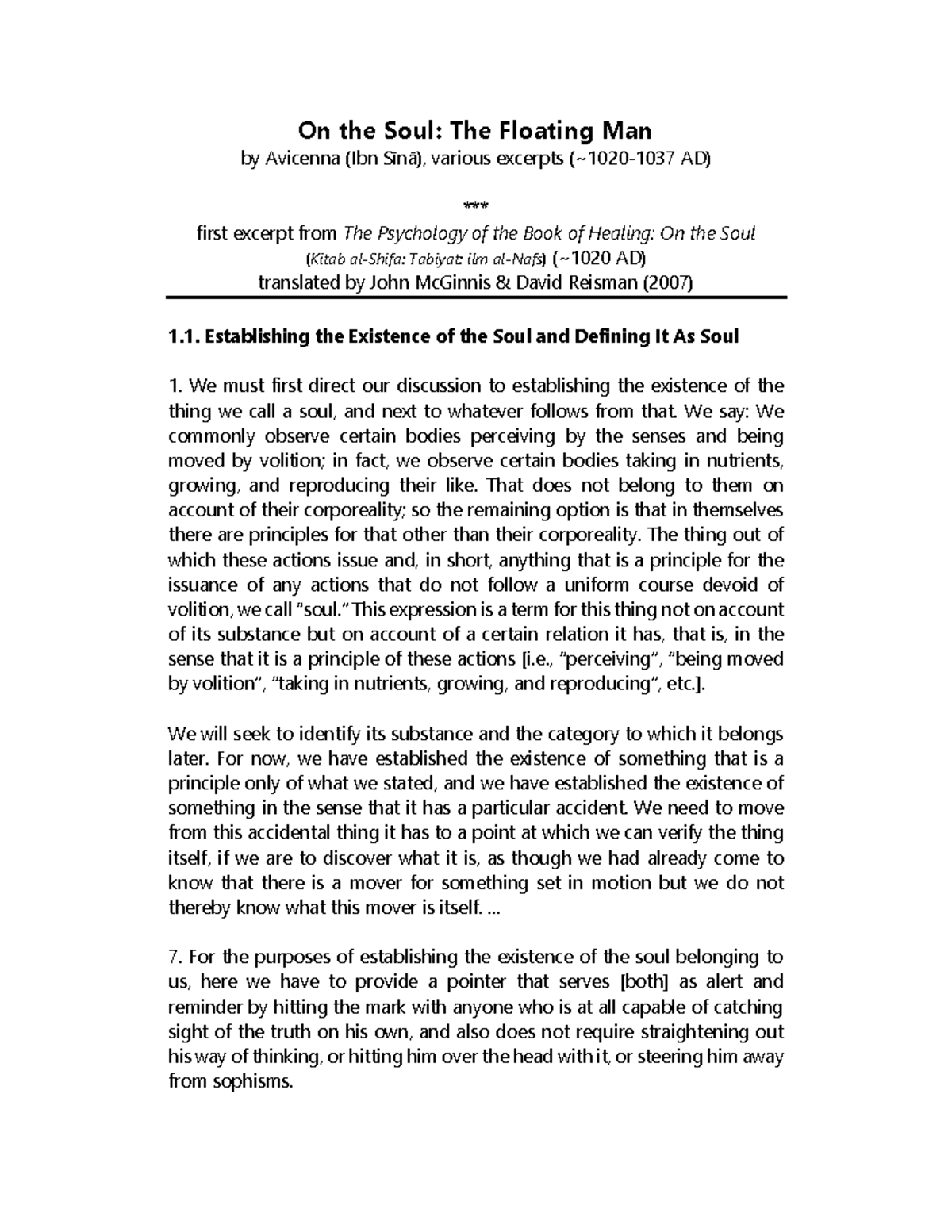 Avicenna 2 - Lecture notes 2 - On the Soul: The Floating Man by ...