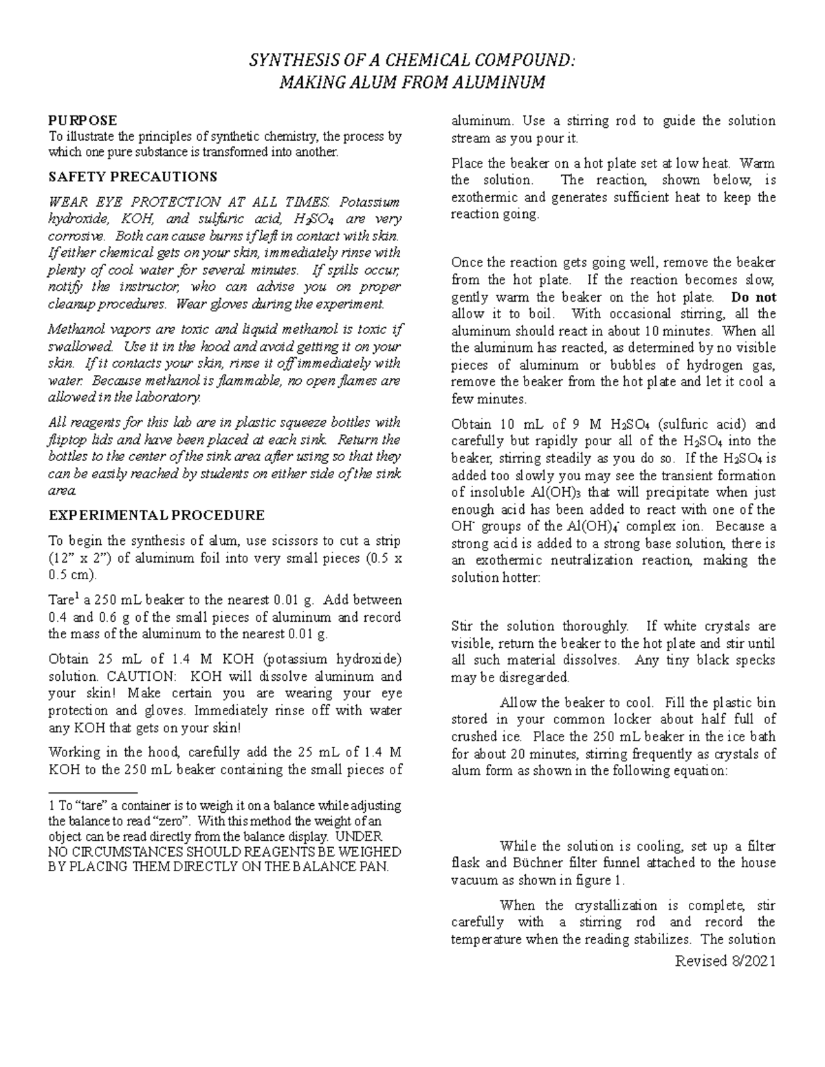 Alum handout and lab notebook report 2021 - SYNTHESIS OF A CHEMICAL ...
