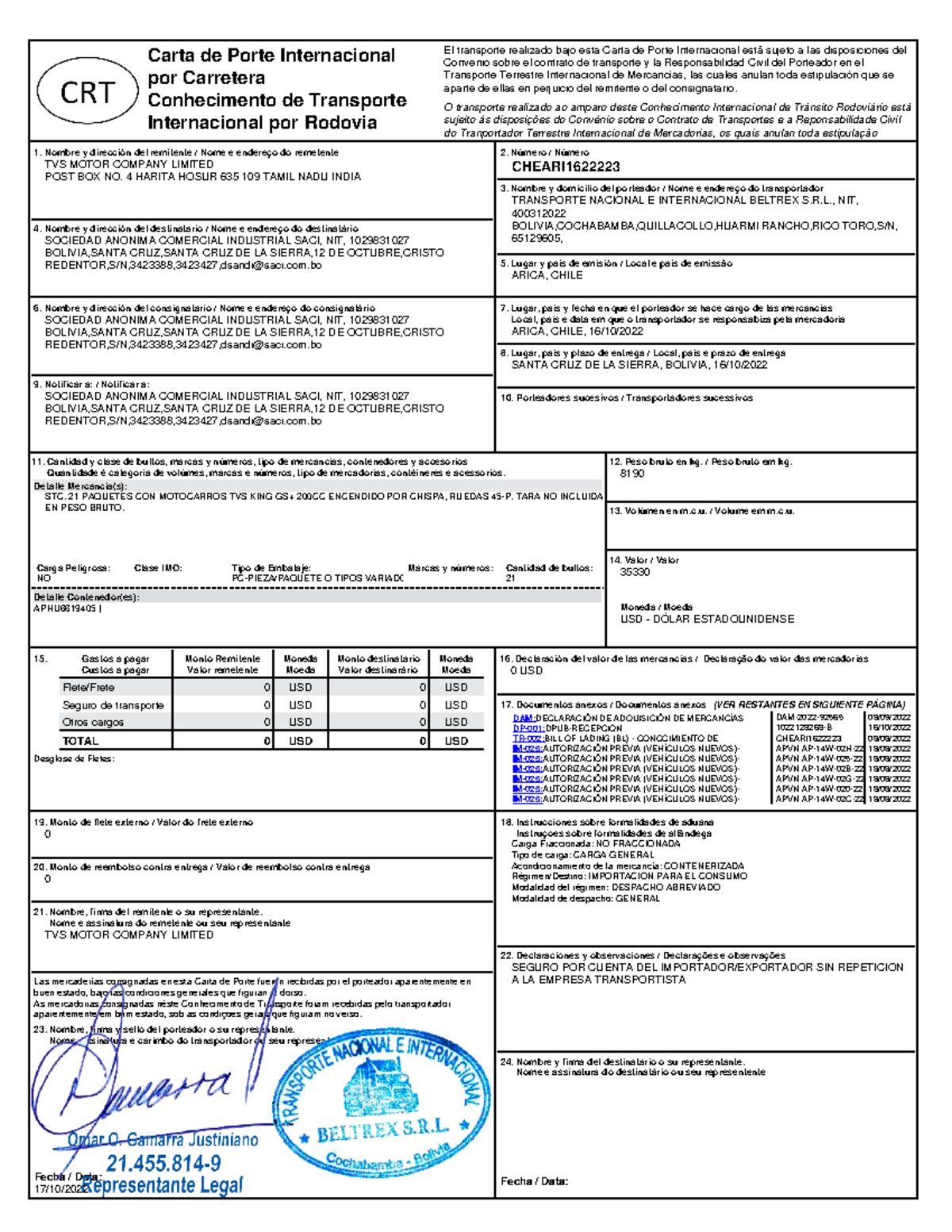 CARTA DE PORTE INTERNACIONAL POR CARRETERA - Carta de Porte Internacional por Carretera ...