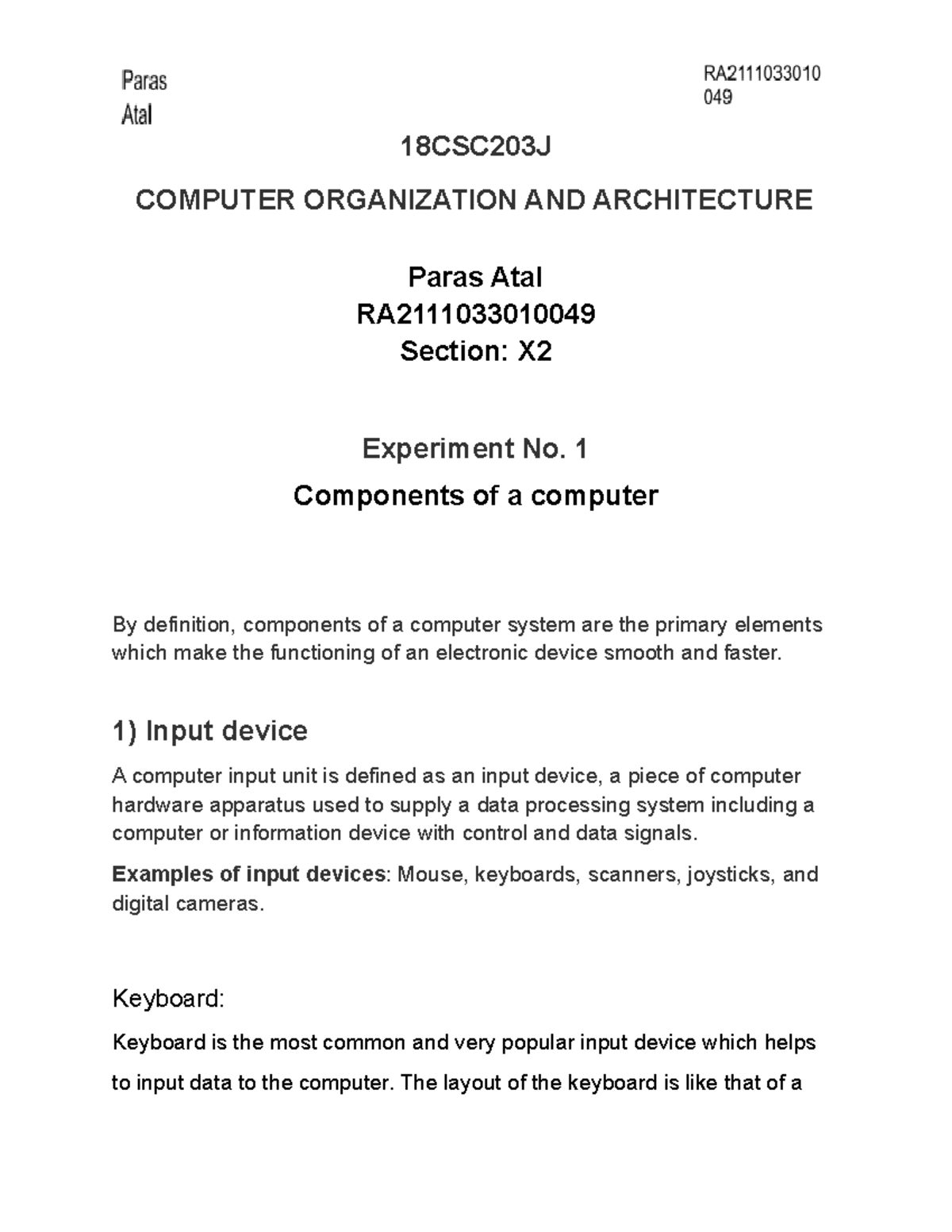 Paras COA1 - 18CSC203J COMPUTER ORGANIZATION AND ARCHITECTURE Paras Atal RA Section: X ...