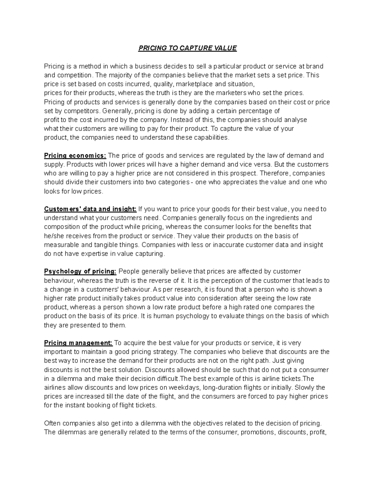 Pricing TO Capture Value - PRICING TO CAPTURE VALUE Pricing is a method ...