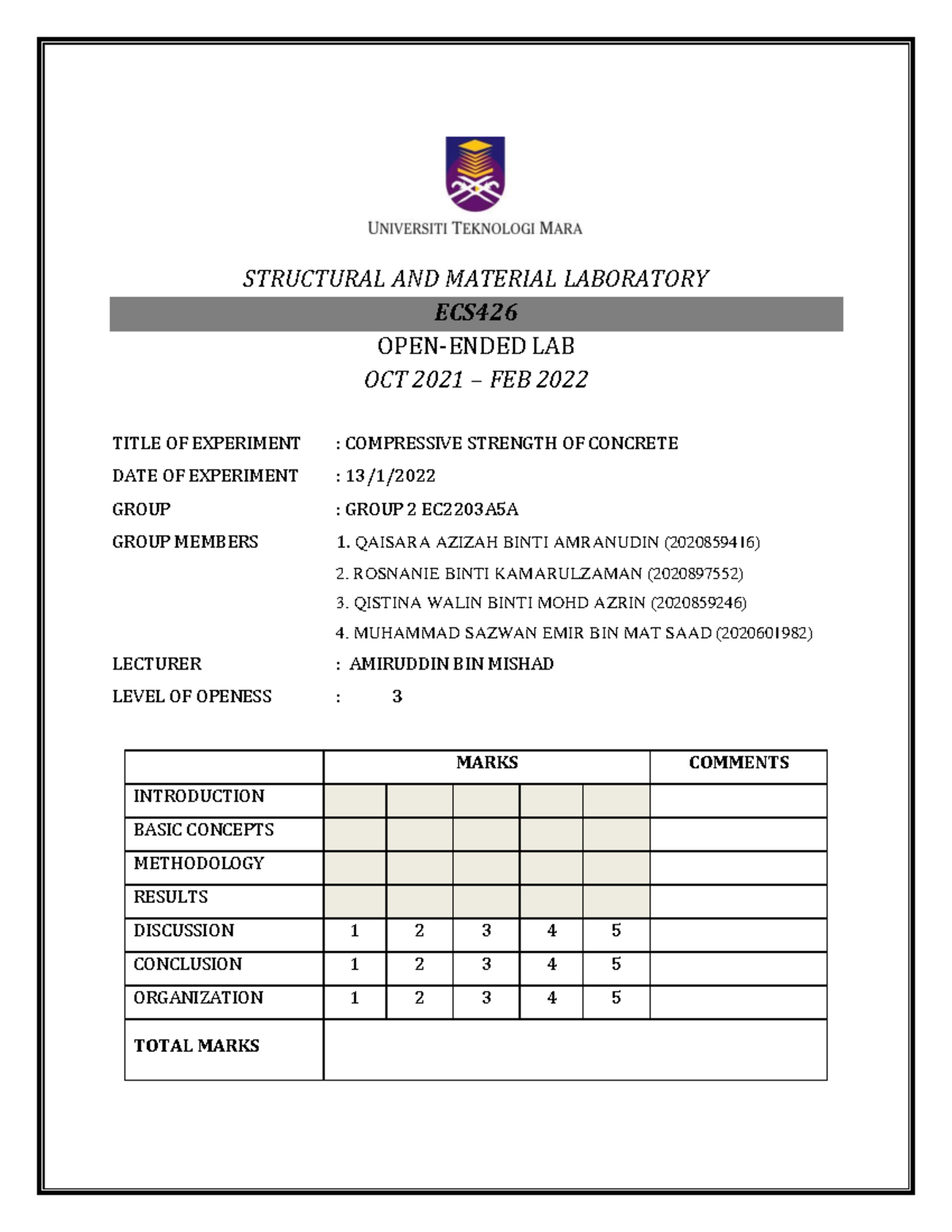 ECS426 LAB 11 Compressive Strength OF Concrete - STRUCTURAL AND ...