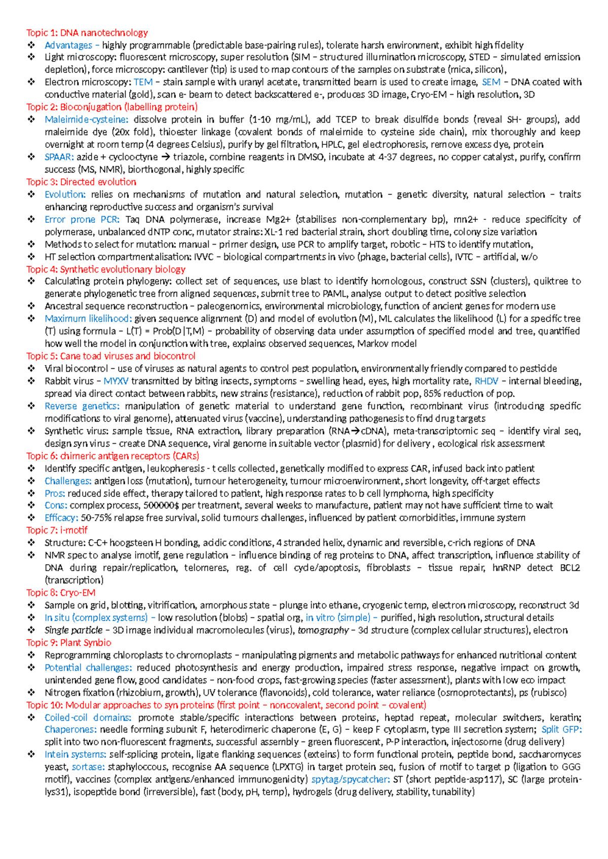Final Exam summary - Topic 1: DNA nanotechnology Advantages – highly ...