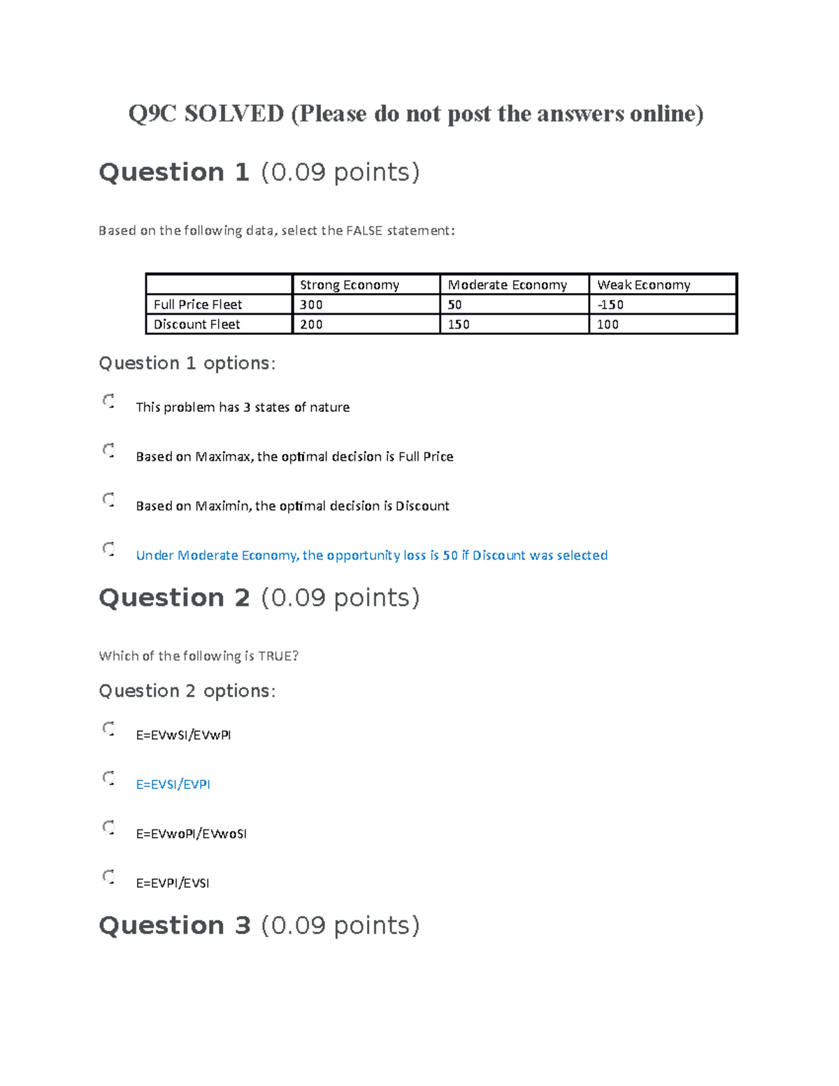 Q9C, Q9P Solved - decision tree and alternatives - Q9C SOLVED (Please ...