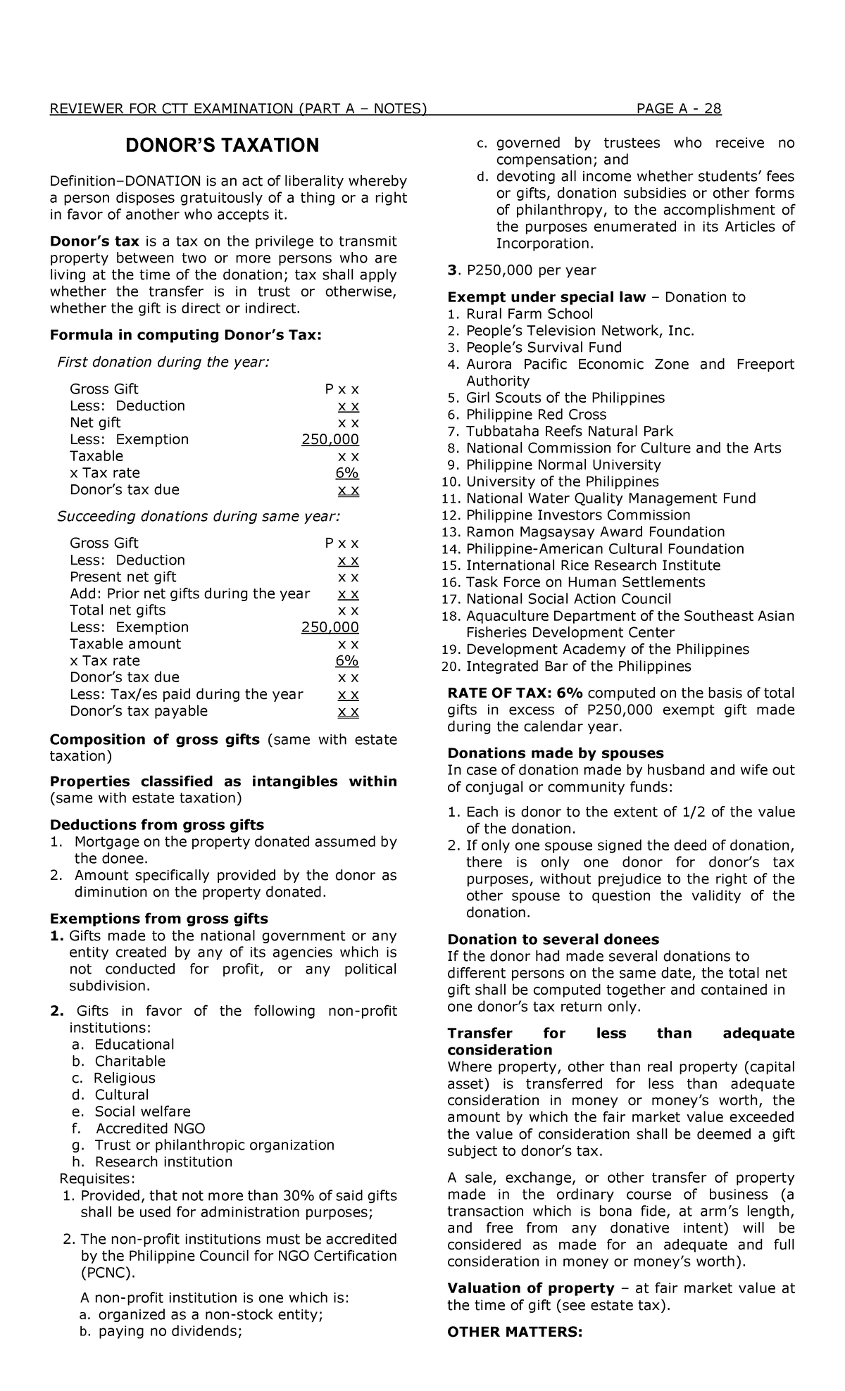 Donors Tax (CTT Reviewer) - REVIEWER FOR CTT EXAMINATION (PART A ...