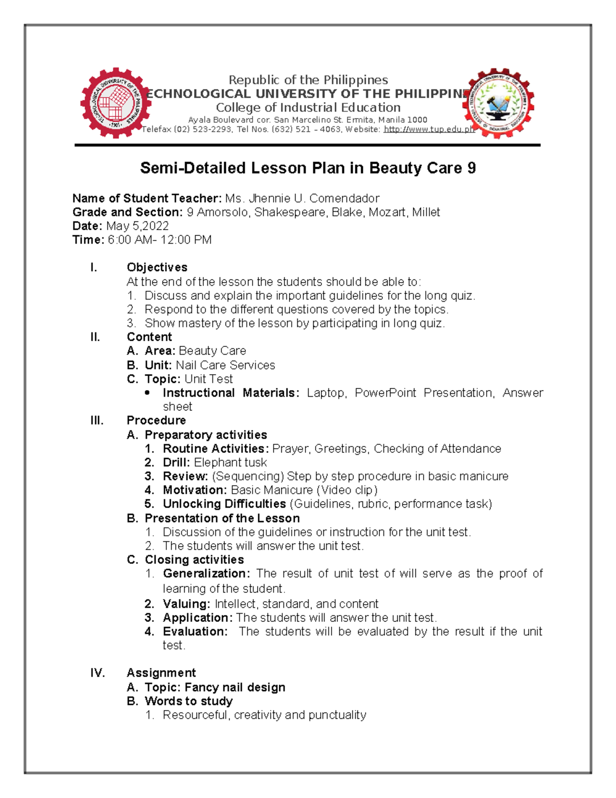 Lesson Plan for Nail Care - Republic of the Philippines TECHNOLOGICAL ...