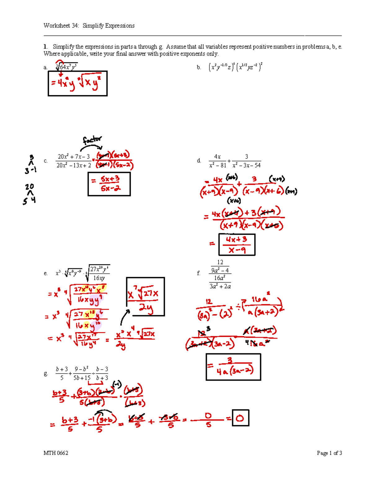 Worksheet 34- Exam Review - MTH 0662 Page 1 of 3 Worksheet 34: Simplify ...