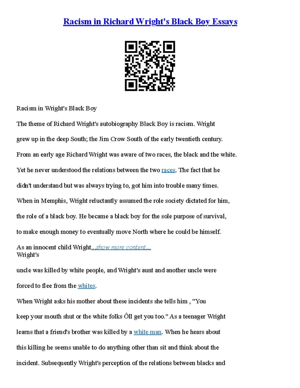 Richard Wright Essays - Racism in Richard Wright's Black Boy Essays ...