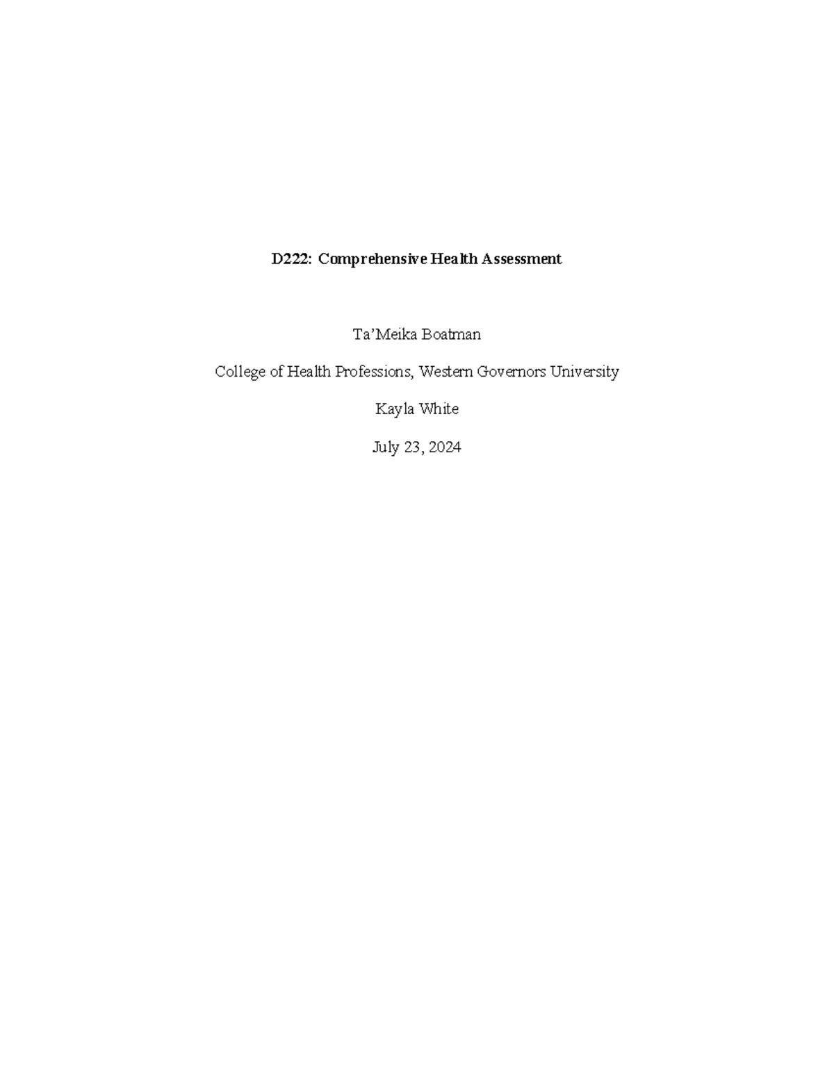 D222 Comprehensive Health Assessment Template - D222: Comprehensive ...