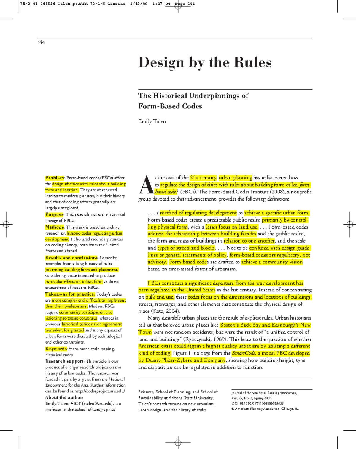 Talen 2009 Design by the Rules - ####### 144 Problem : Form-based codes ...