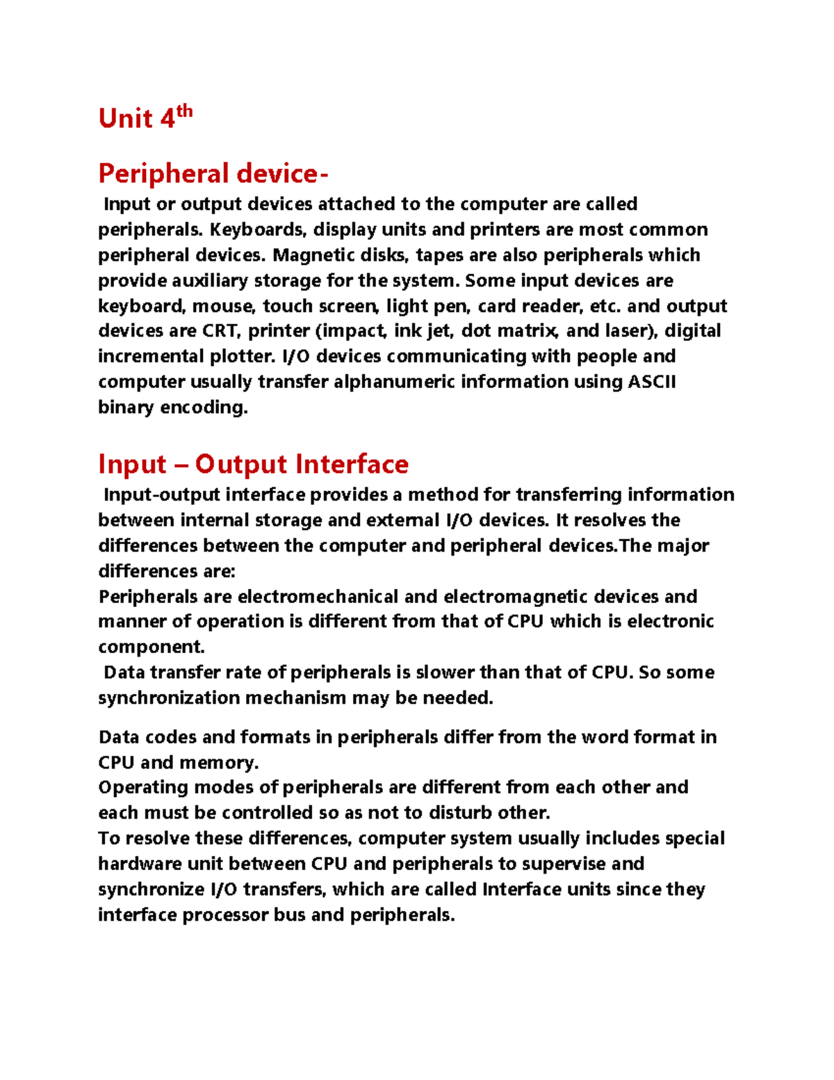 4th unit caal - 4th unit - Unit 4 th Peripheral device- Input or output ...