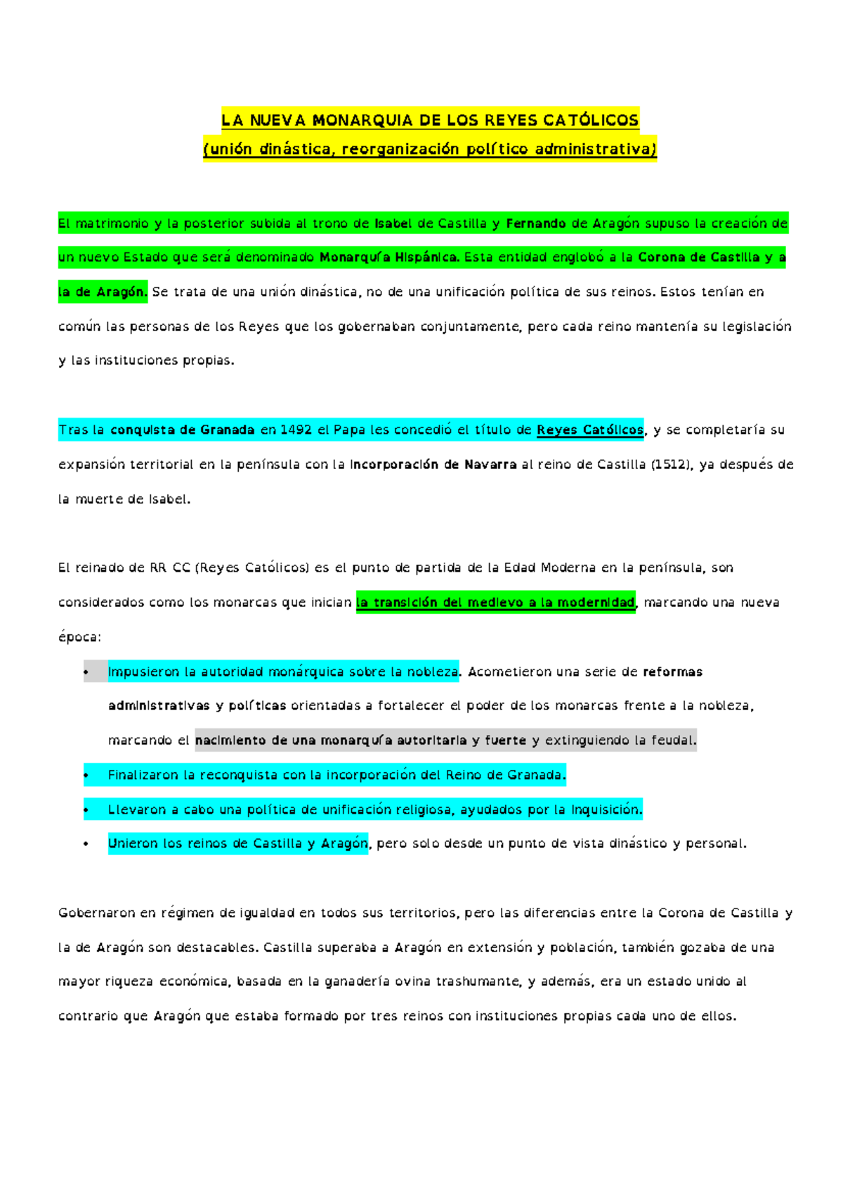 2º.- 1.-La nueva monarquia de los Reyes Católicos (unión dinástica, reorganización político ...