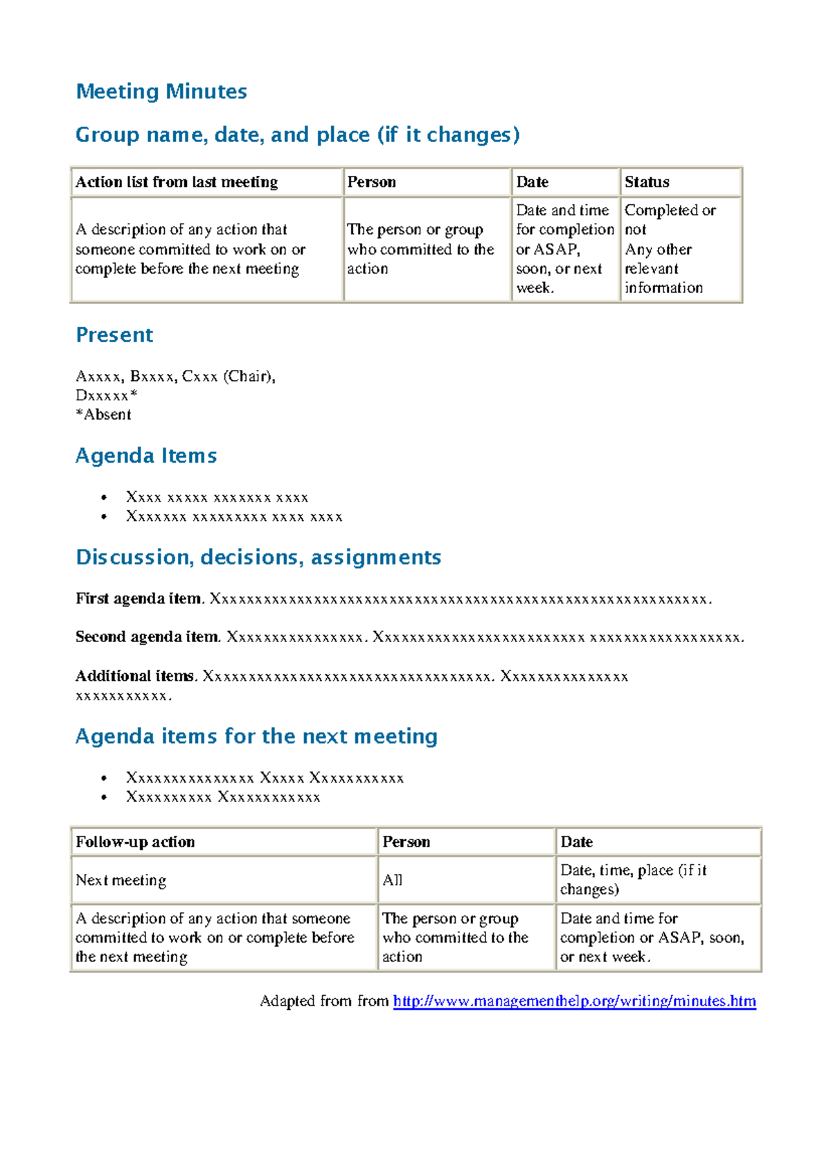 Sample Meeting Minutes Template - Action - Studocu